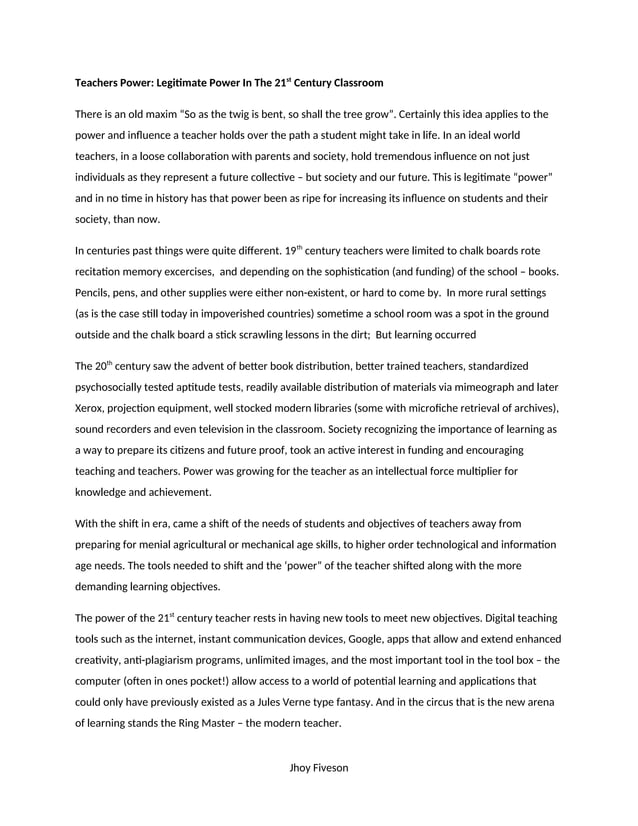 Teachers power: Legitimate Power in The 21st Century Classroom | PDF