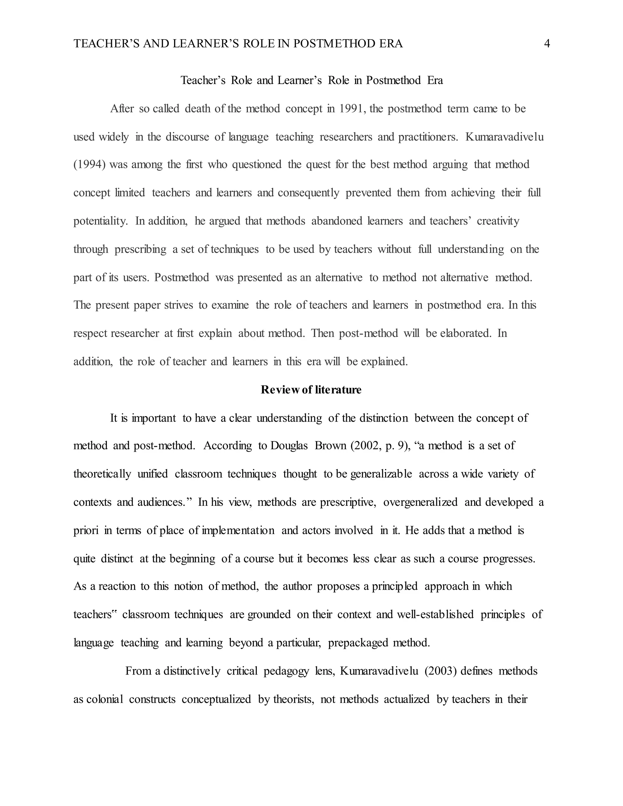 Teacher’s role and learner’s role in postmethod era | PDF