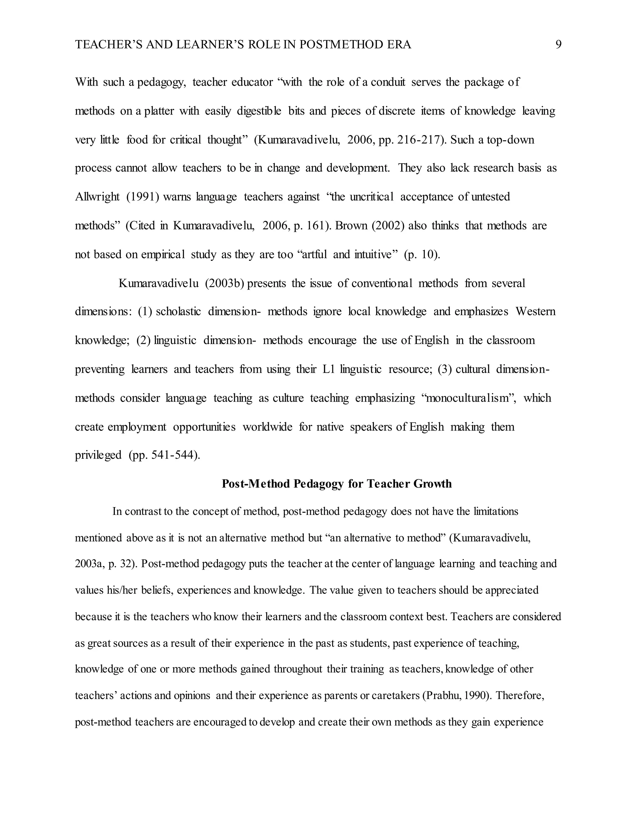 Teacher’s role and learner’s role in postmethod era | PDF