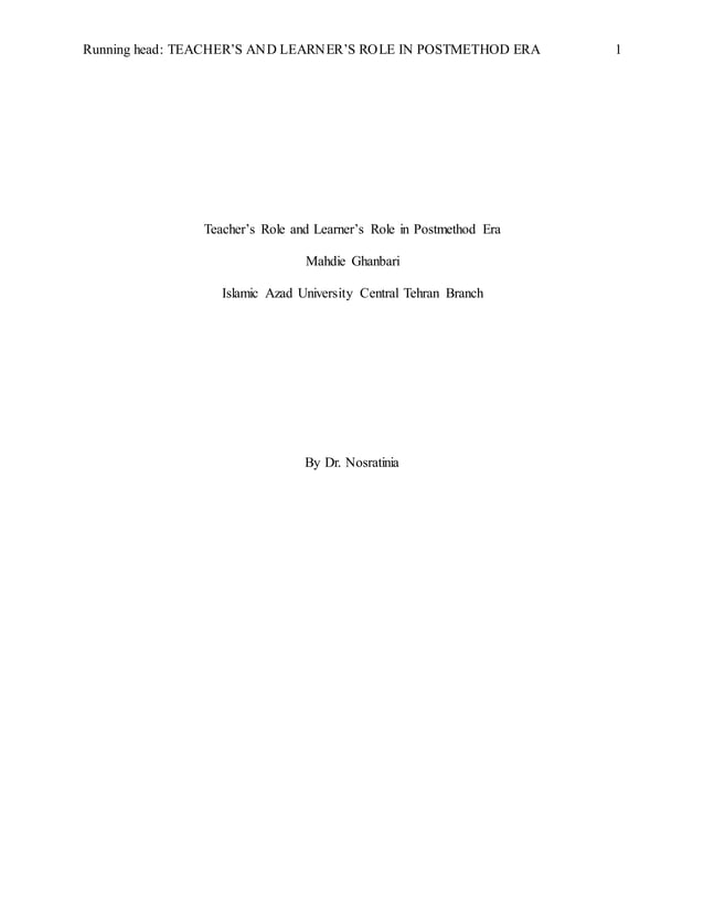 Teacher’s role and learner’s role in postmethod era | PDF