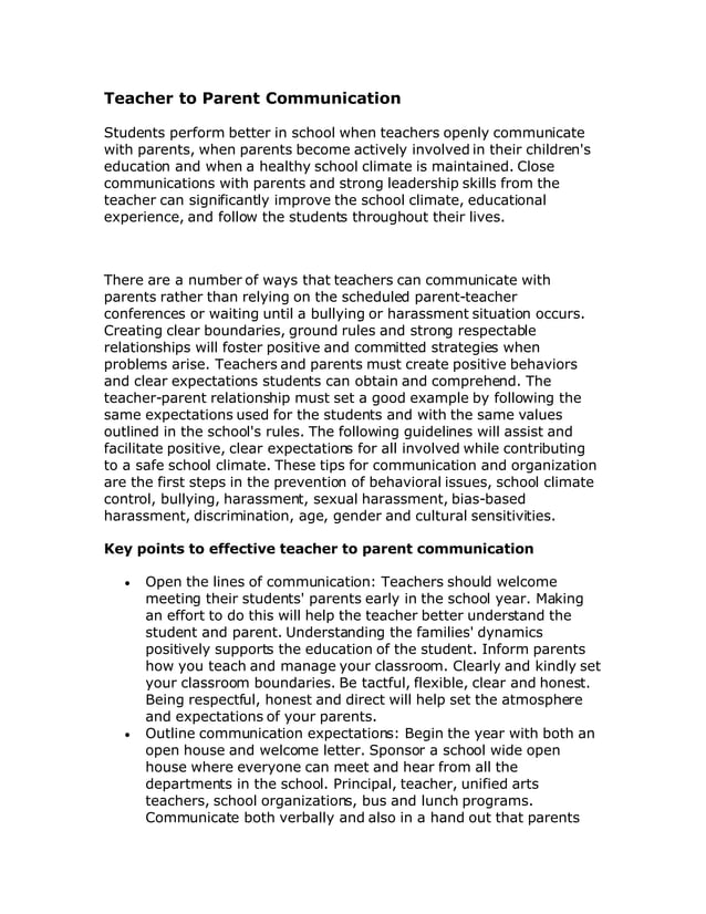 Teacher To Parent Communication | DOC | Secondary Education | Education