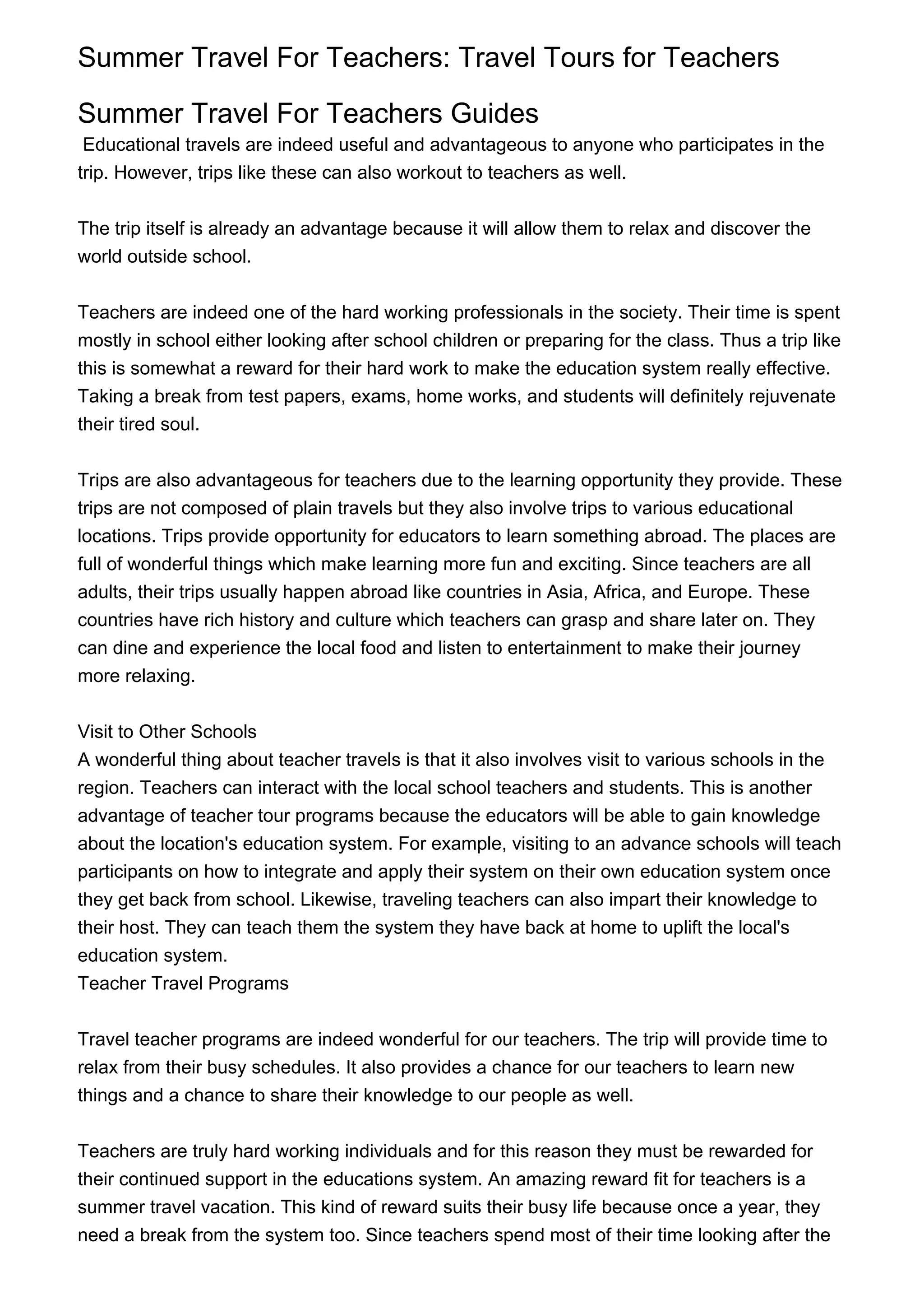 Summer Travel For Teachers: Travel Tours for Teachers | PDF