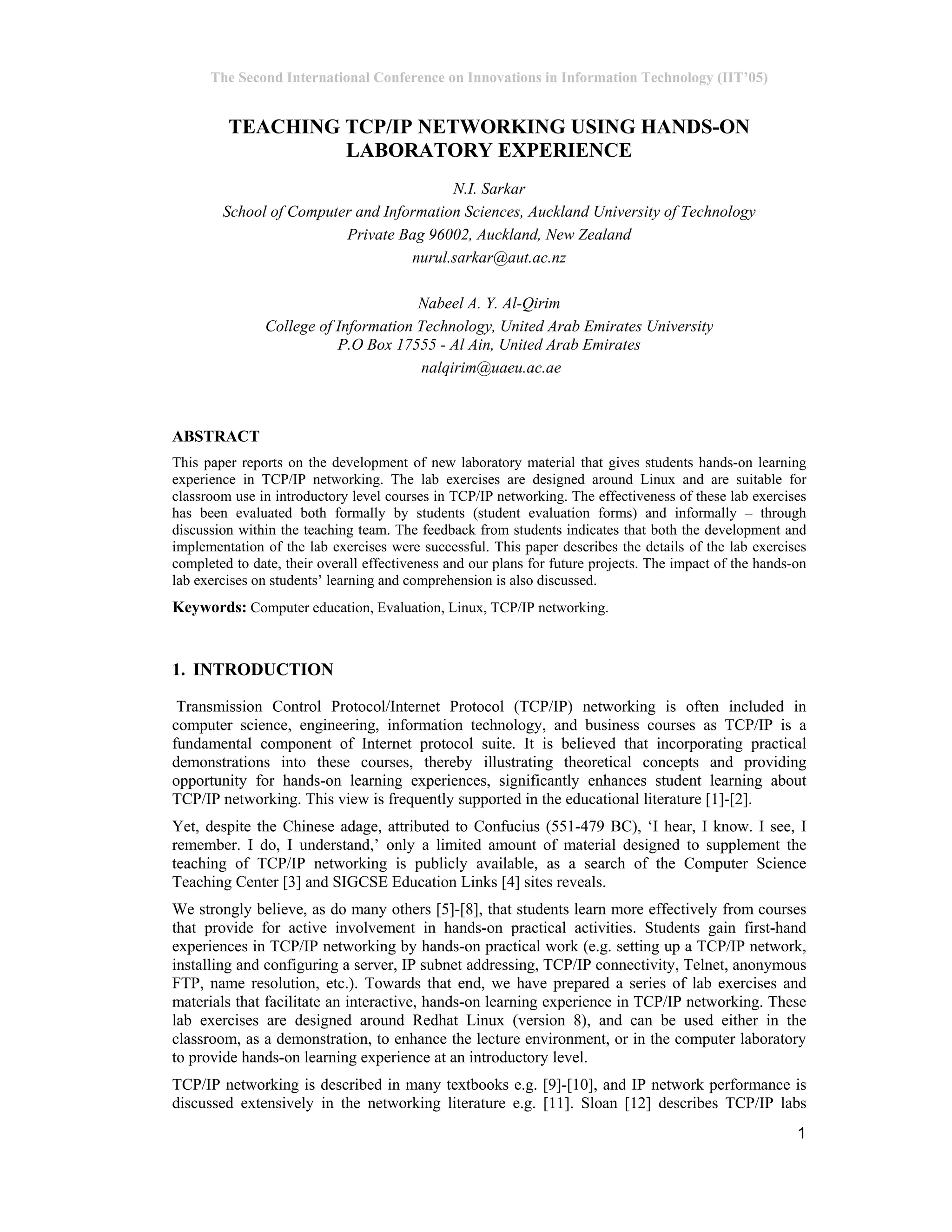 TEACHING TCP/IP NETWORKING USING HANDS-ON LABORATORY EXPERIENCE | PDF