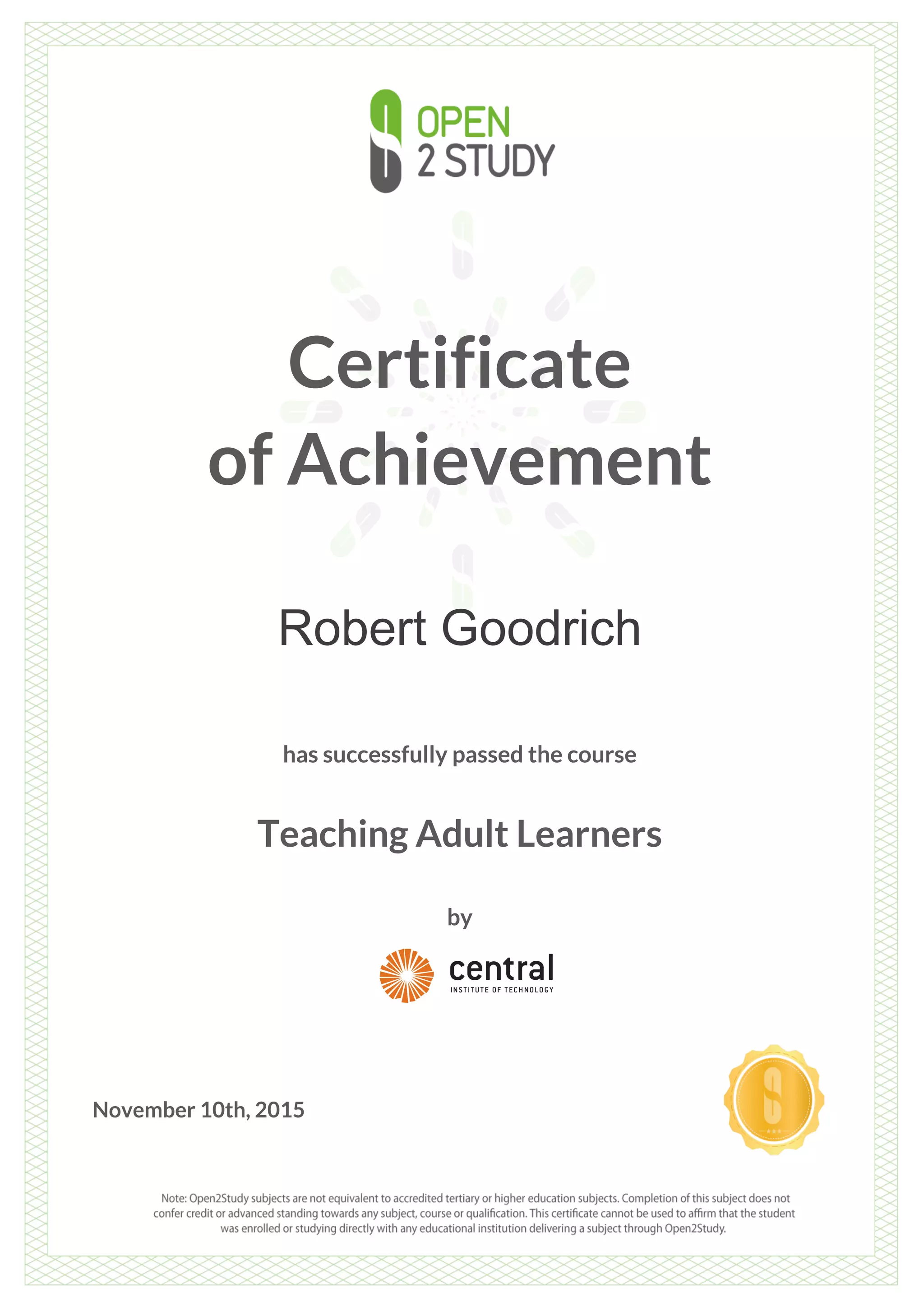 Teaching adult learning certificate | PDF