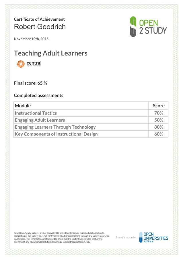 Teaching adult learning certificate