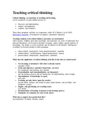 Teaching critical thinking | DOCX | Educational Assessment | Education