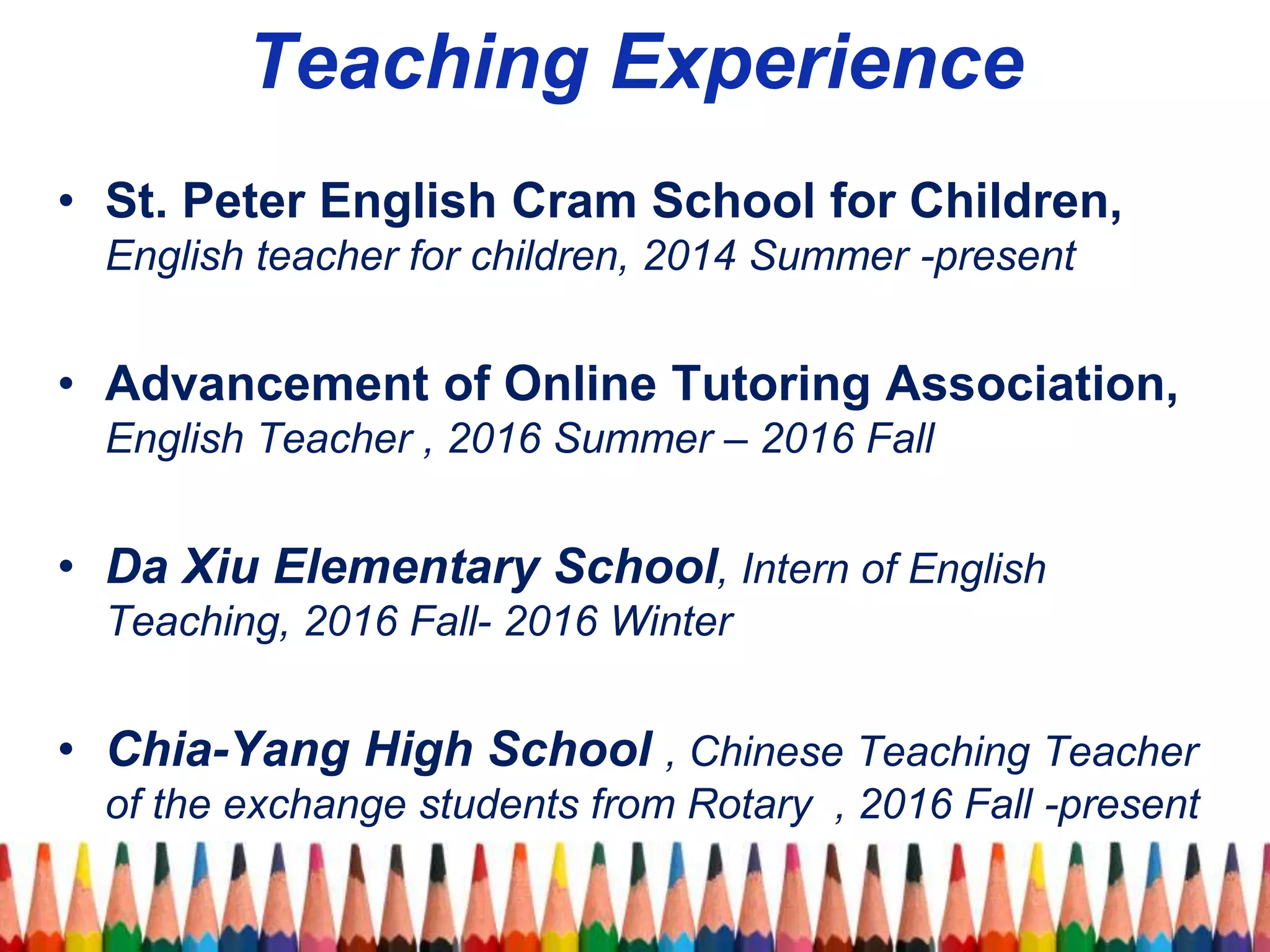 Teaching experiences ada huang | PPT