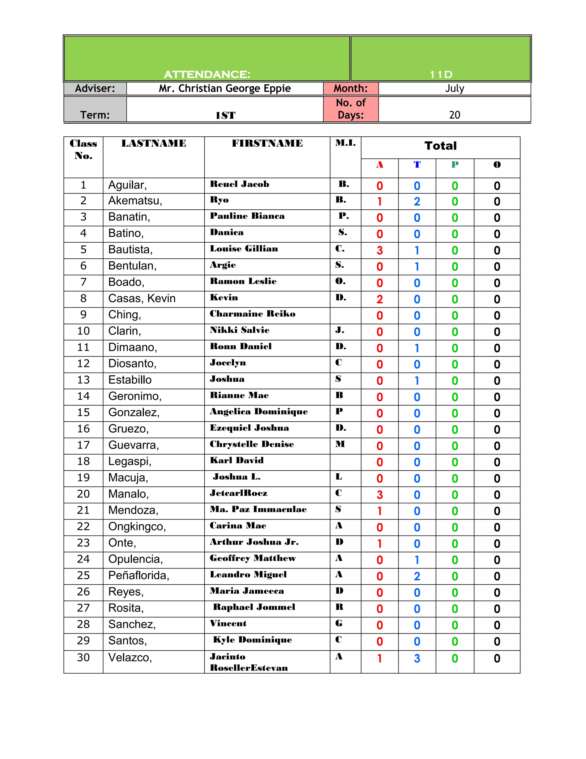 Teaching file attendance sheet (for hard copy) | DOCX