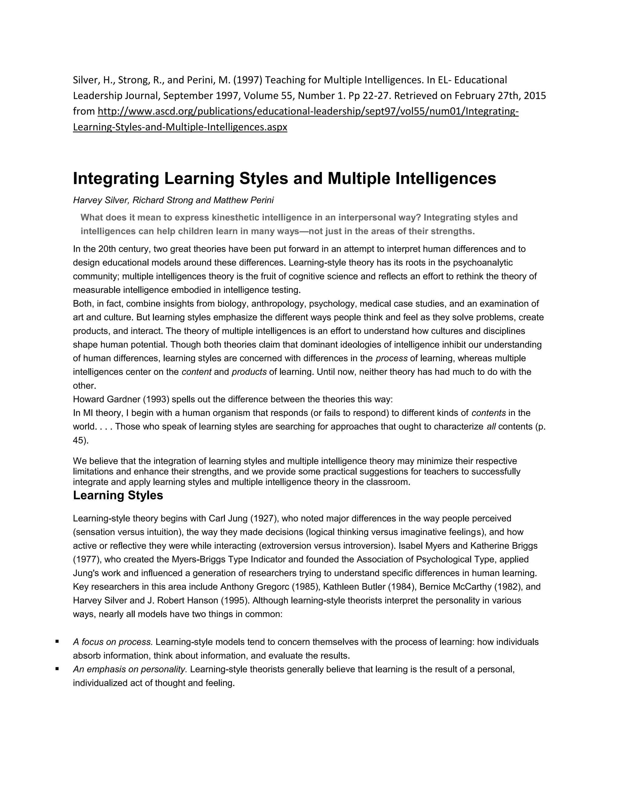 Teaching for multiple intelligences | PDF