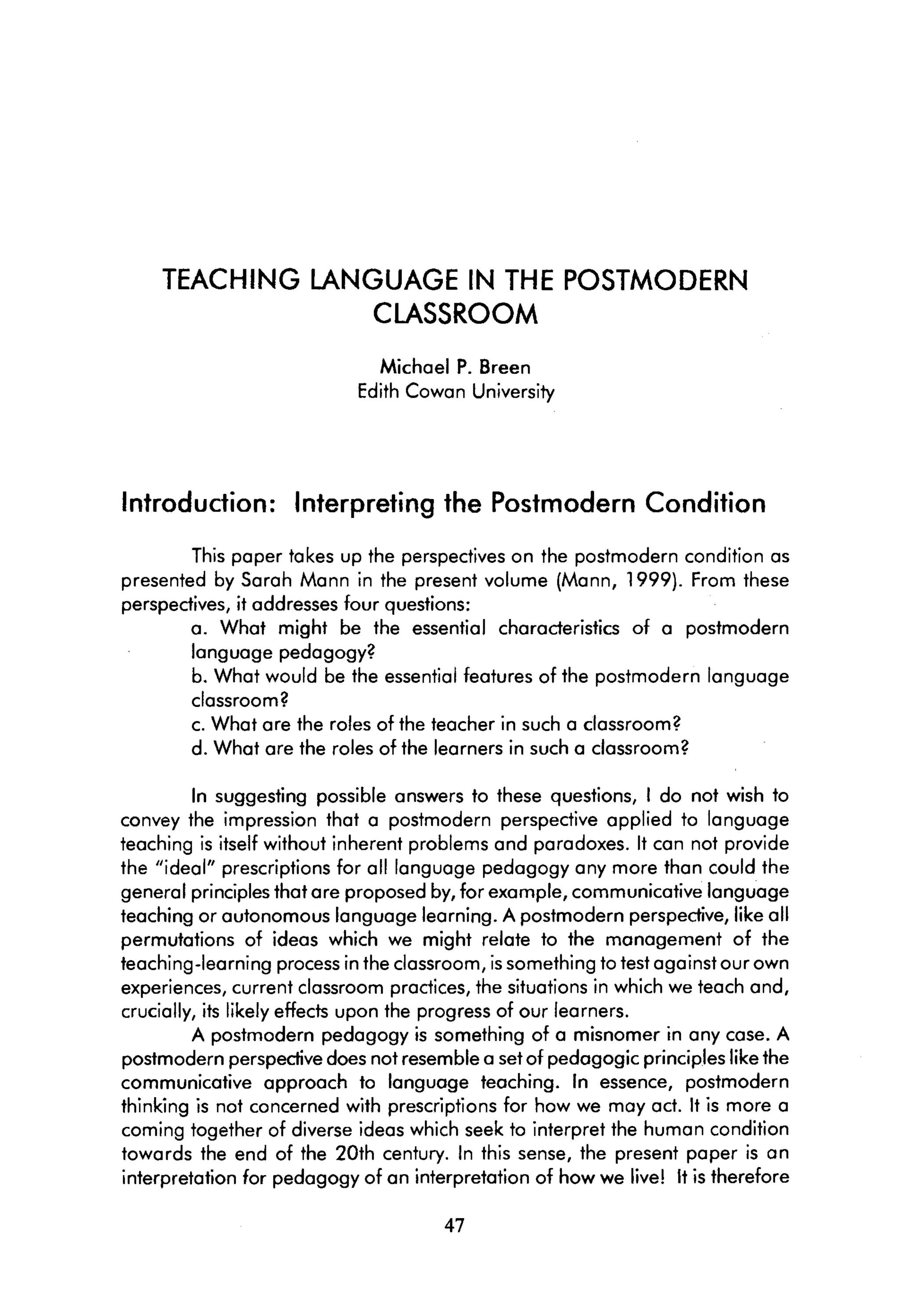 Teaching language in the postmodern classroom | PDF | Free Download