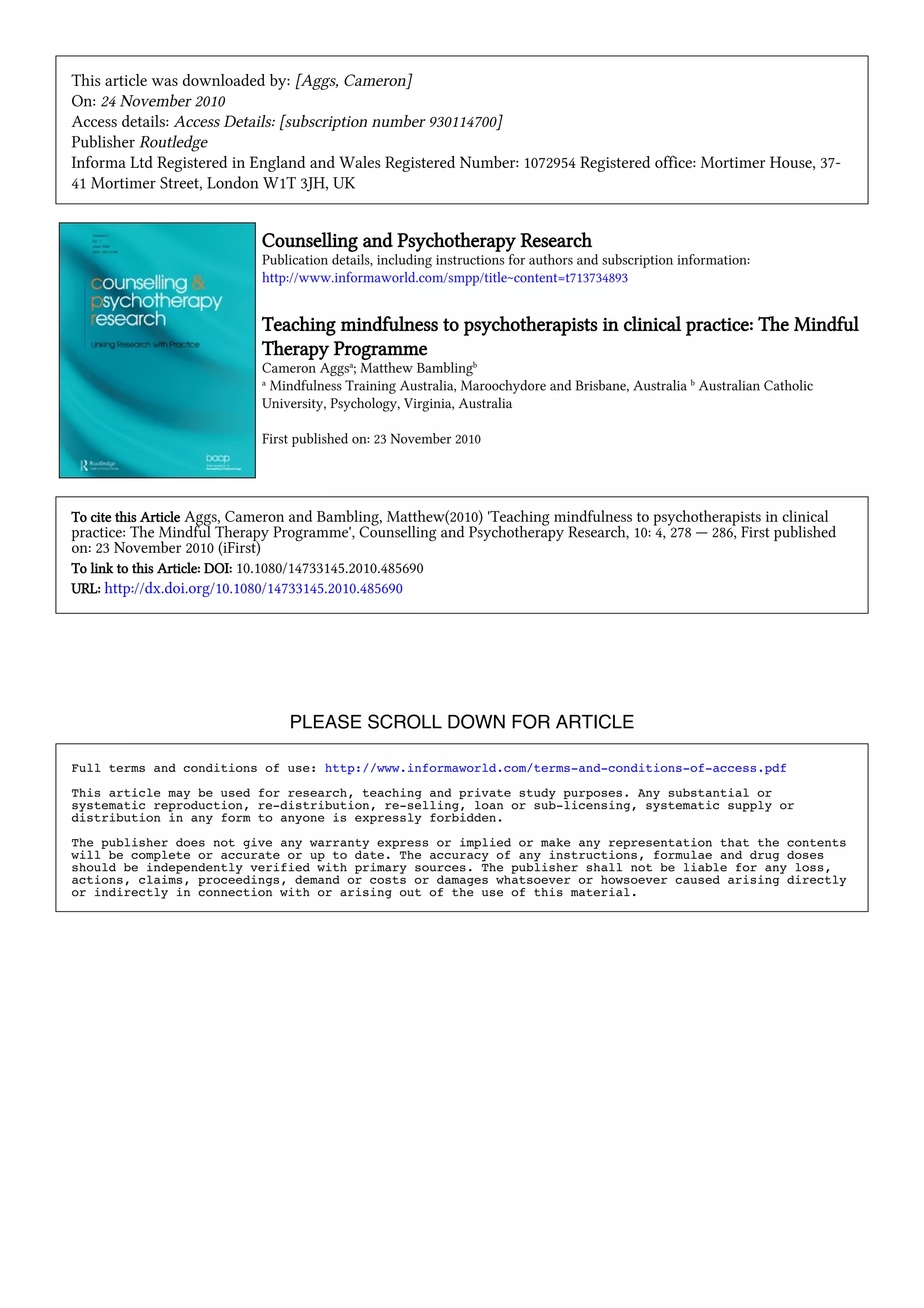 Teaching Mindfulness to Clinicians (Cameron Aggs) | PDF