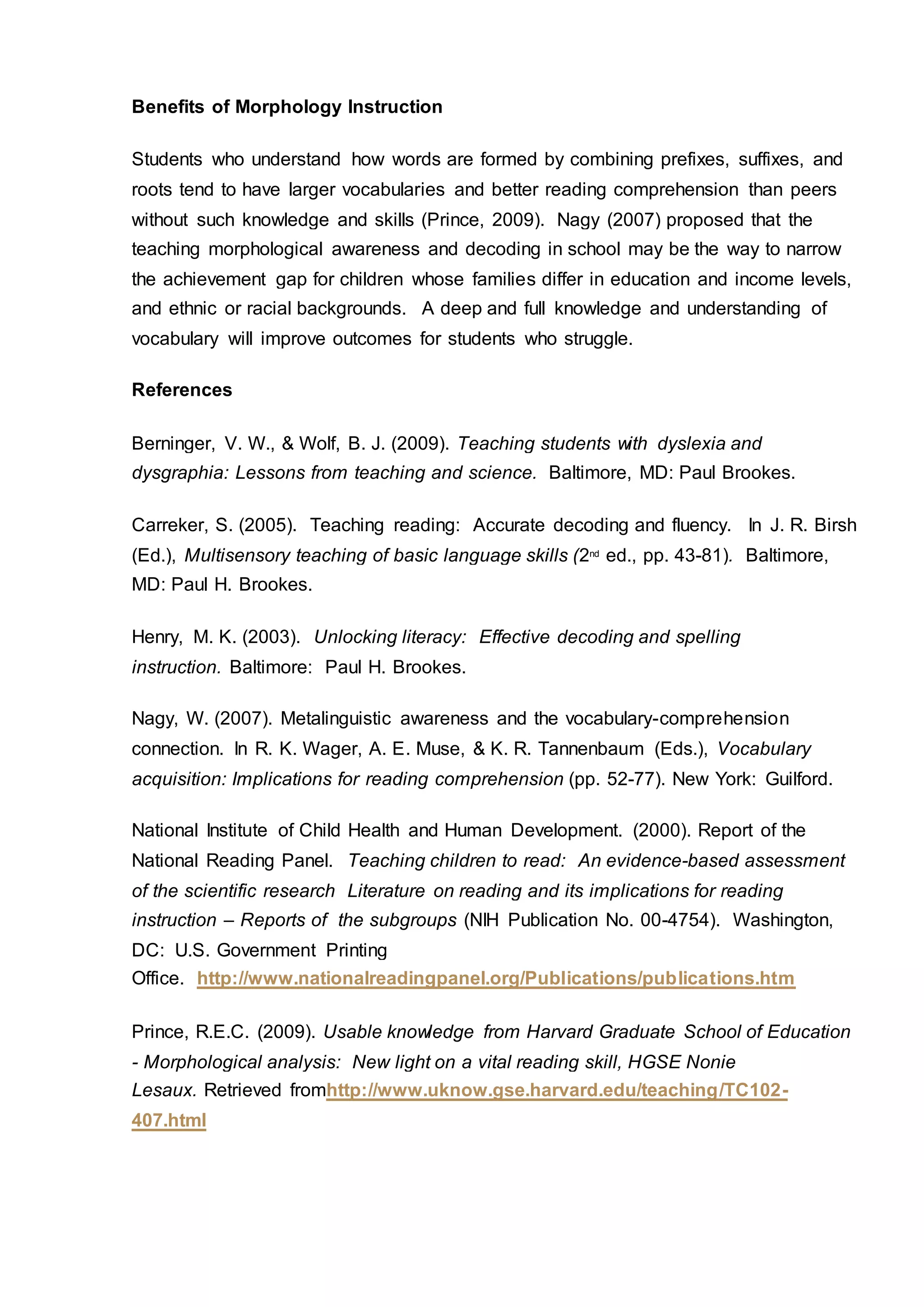 Teaching morphology enhancing vocabulary development and reading ...