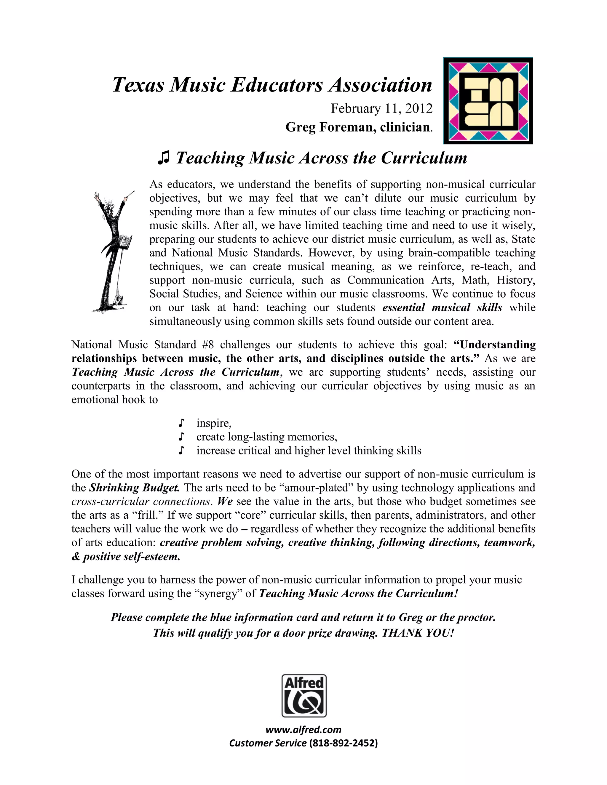 Teaching music across the curriculum handout | PDF