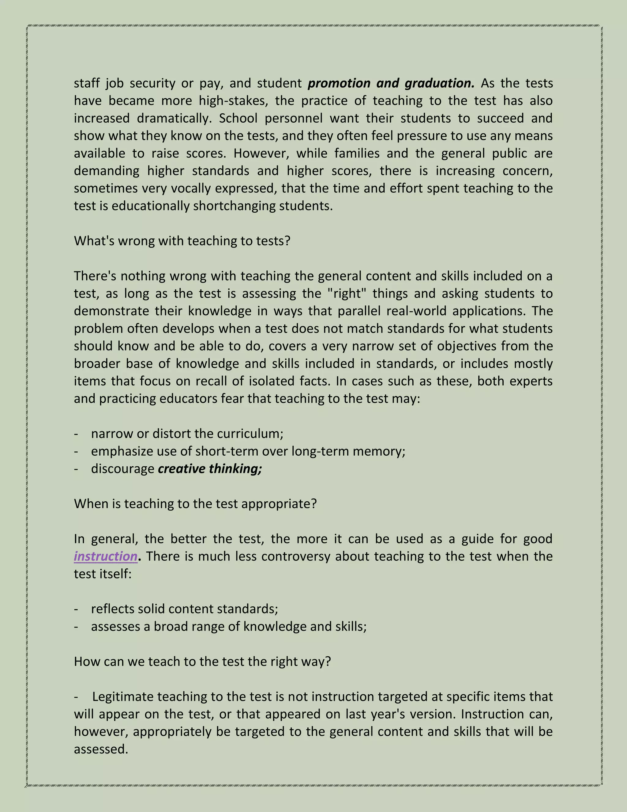 Teaching To The Test | PDF | Standardized Testing | Educational Assessment