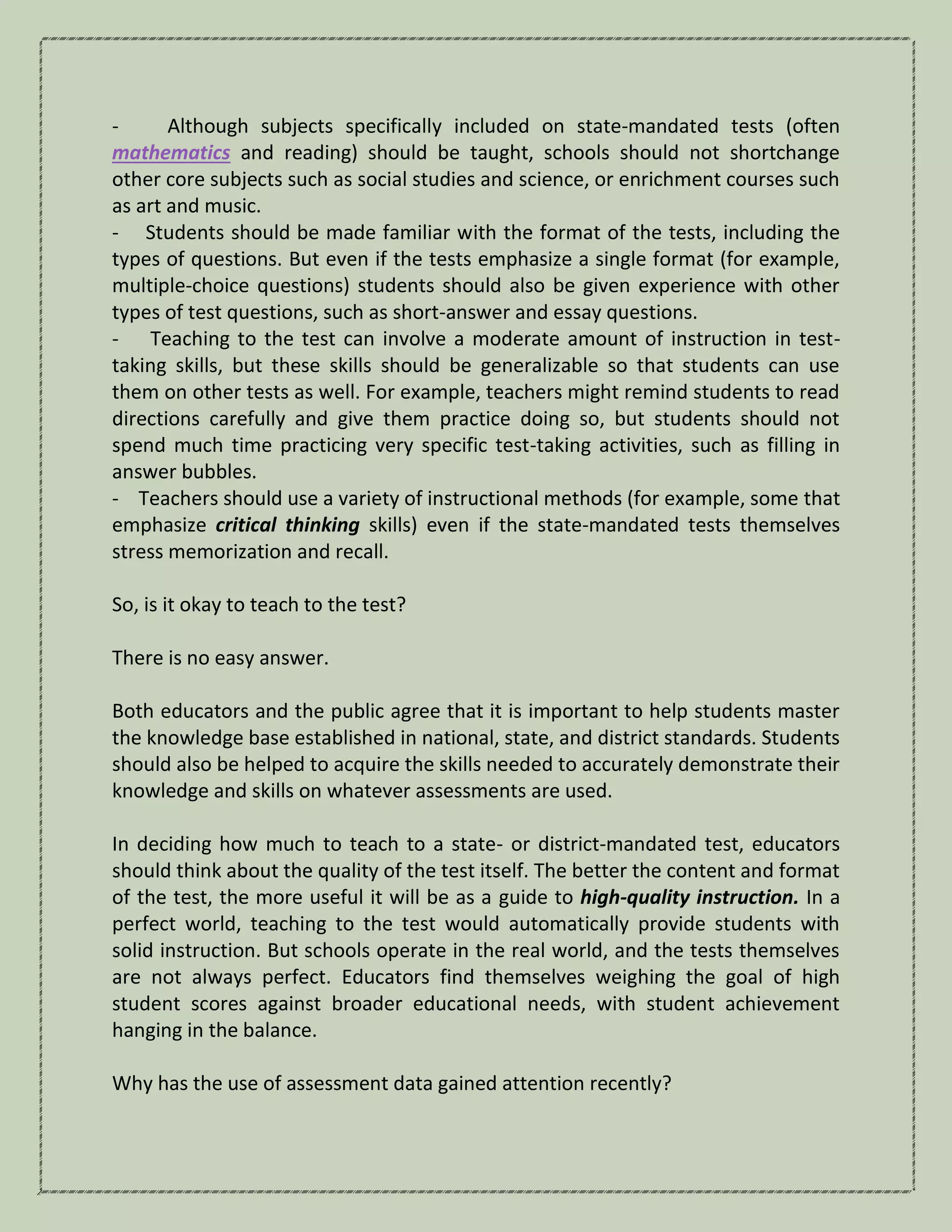 Teaching To The Test | PDF | Standardized Testing | Educational Assessment