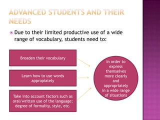 Teaching vocabulary to advanced students summary | PPTX | Homework and ...