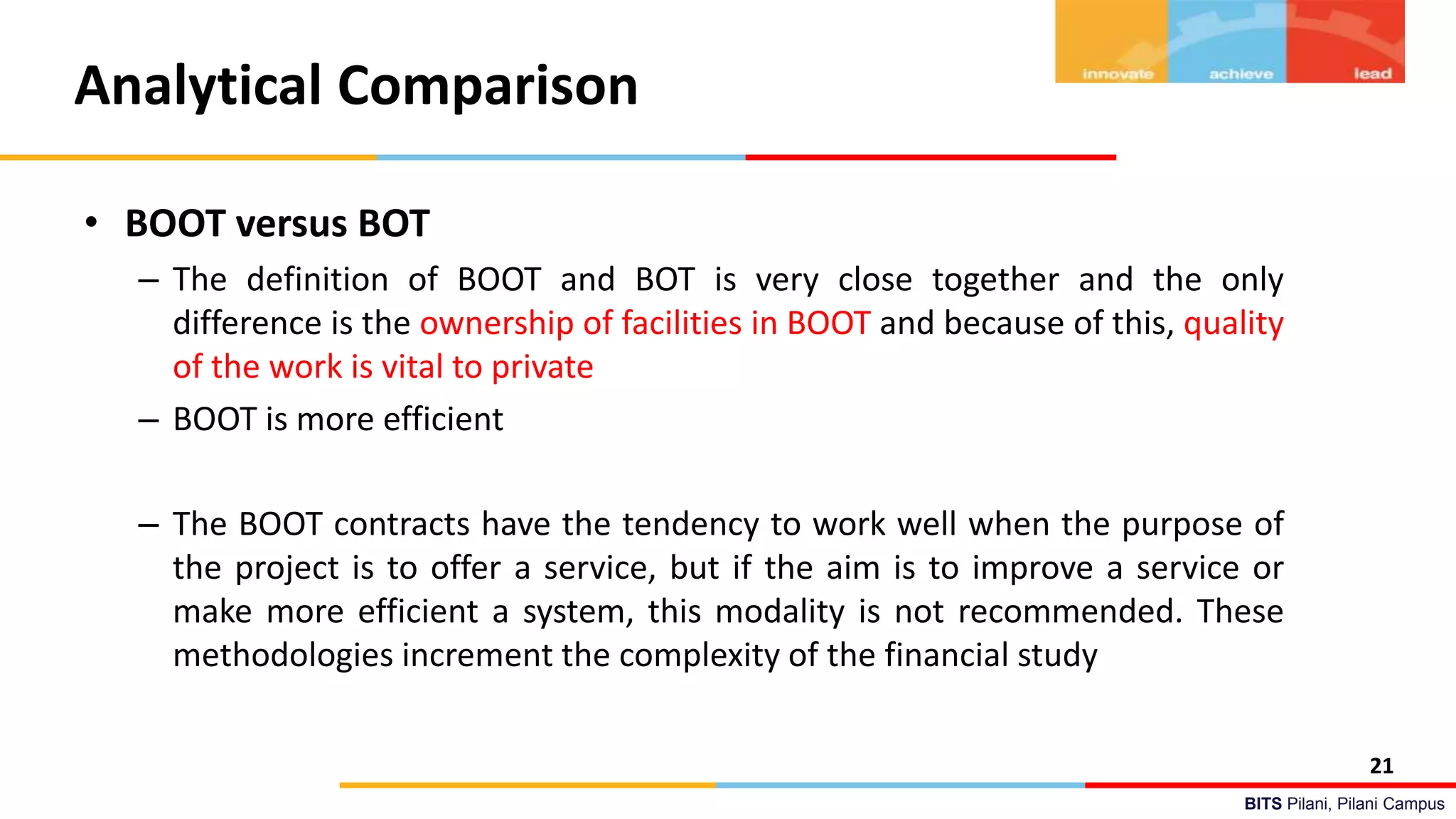 Analytical comparision of BOT,BOOT and PPP models | PPTX