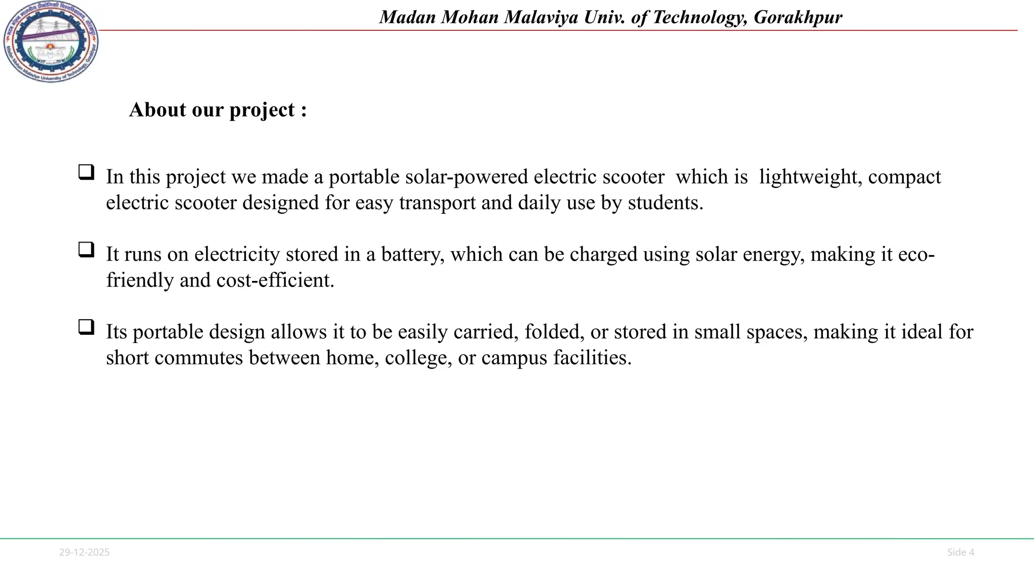 Design and fabrication of solar powered electric scooter | PPTX
