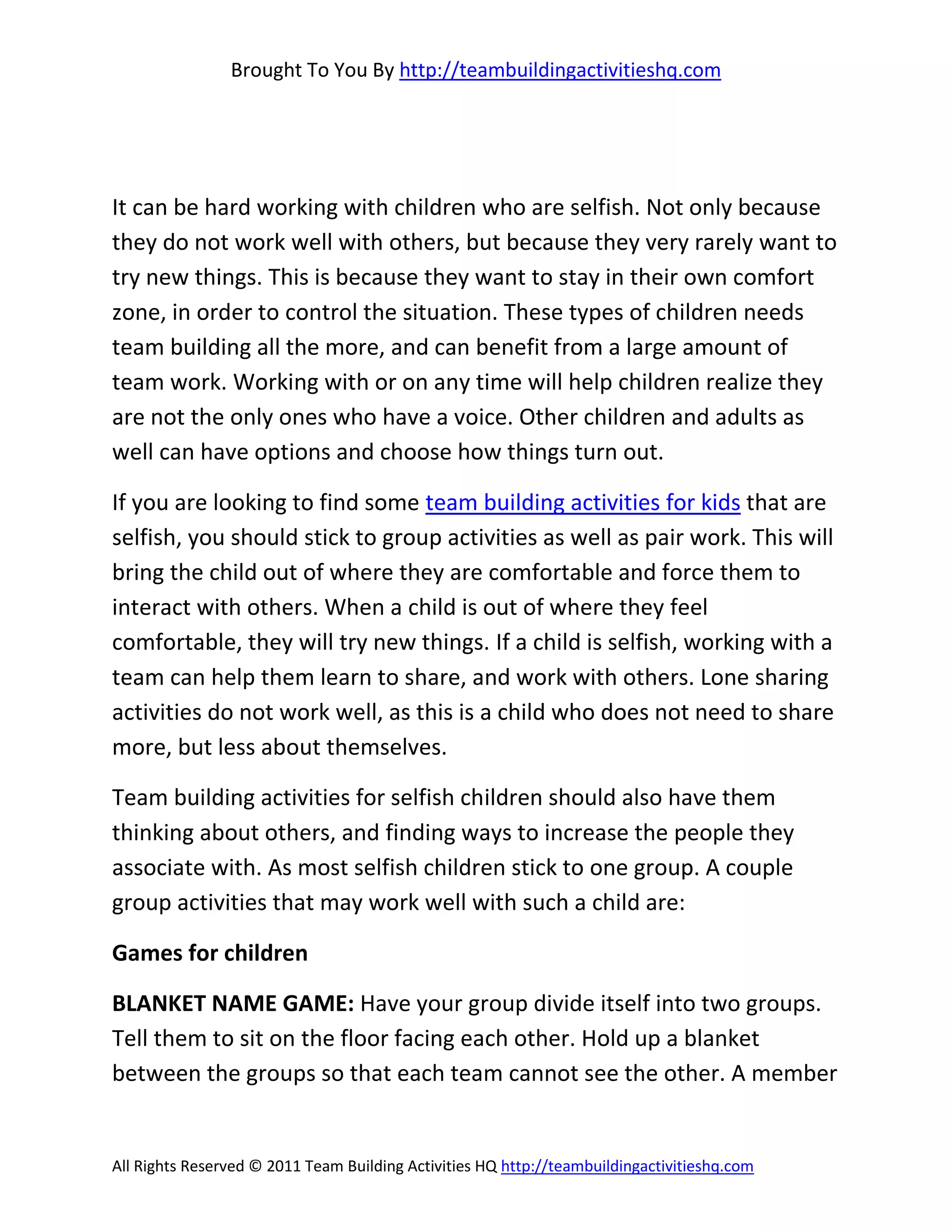 Team building activities for kids that are selfish | PDF