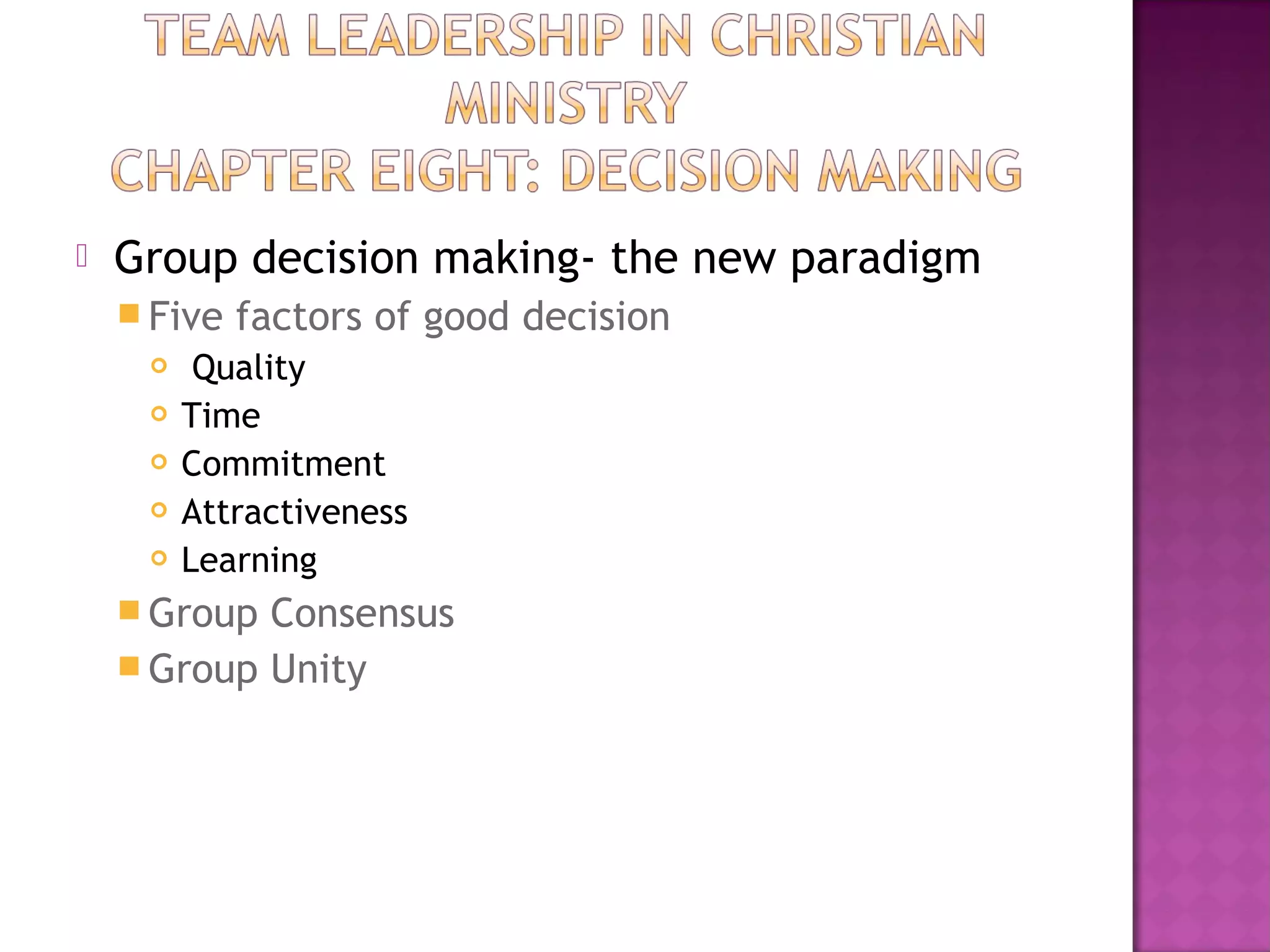 Team leadership in christian ministry week eight | PPT