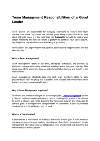 Team Management Responsibilities of a Good Leader | PDF