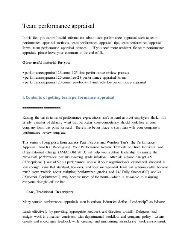 Team Performance Appraisal Team Performance Appraisal