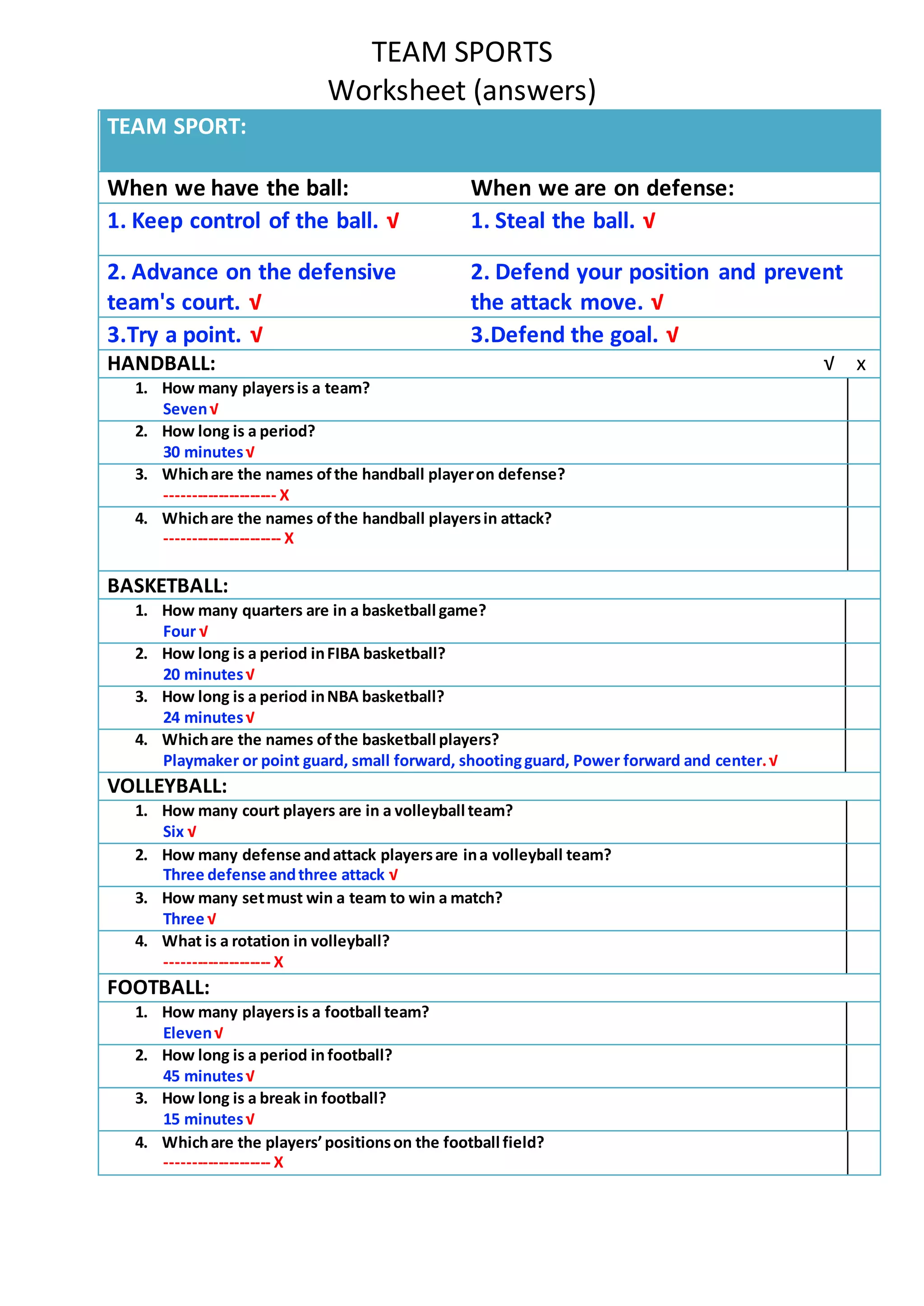 Worksheet "Team sports" | DOCX
