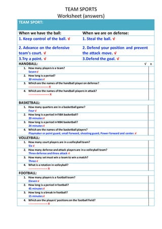 Worksheet "Team sports" | PDF