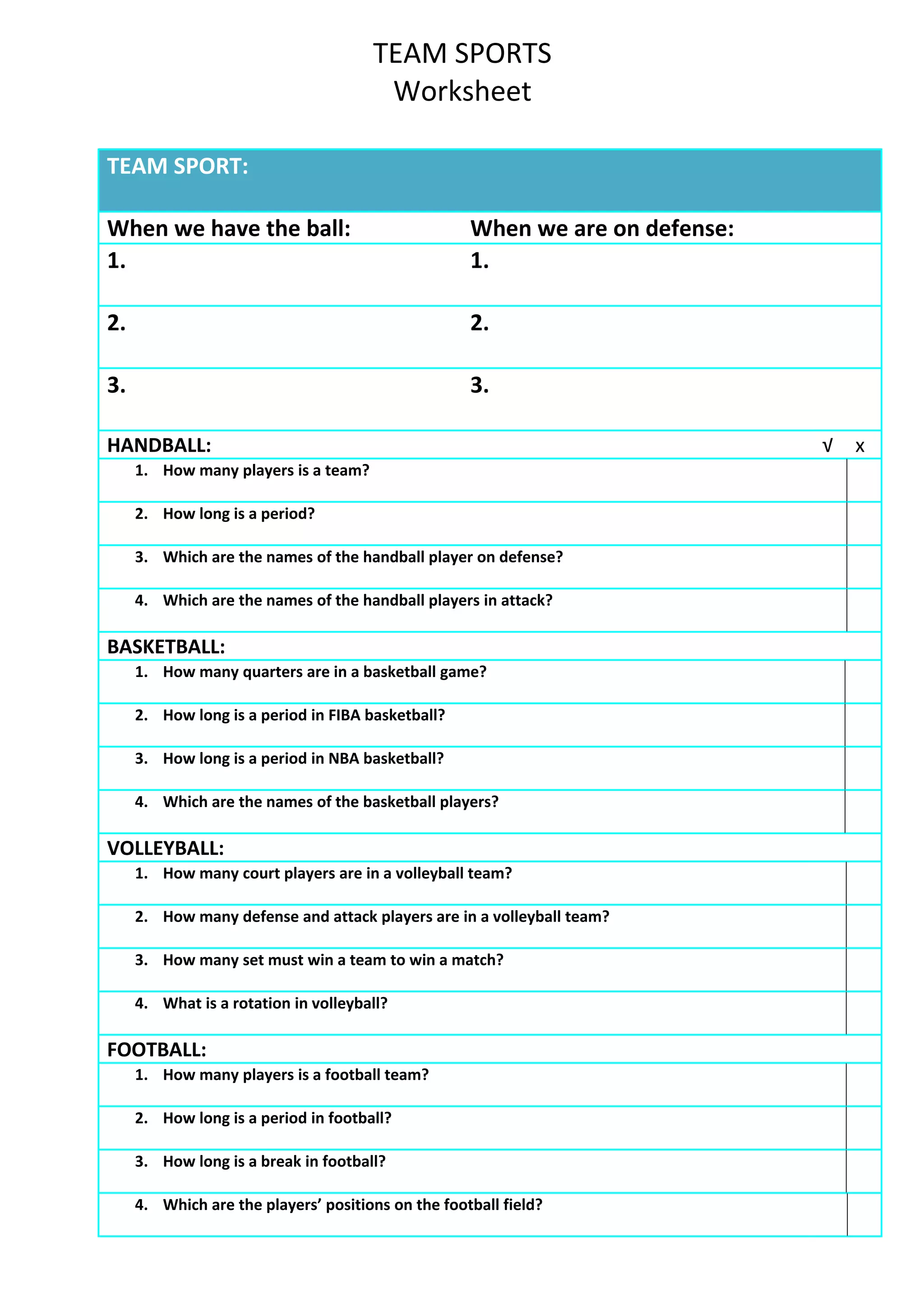 Team sports worksheet | DOC