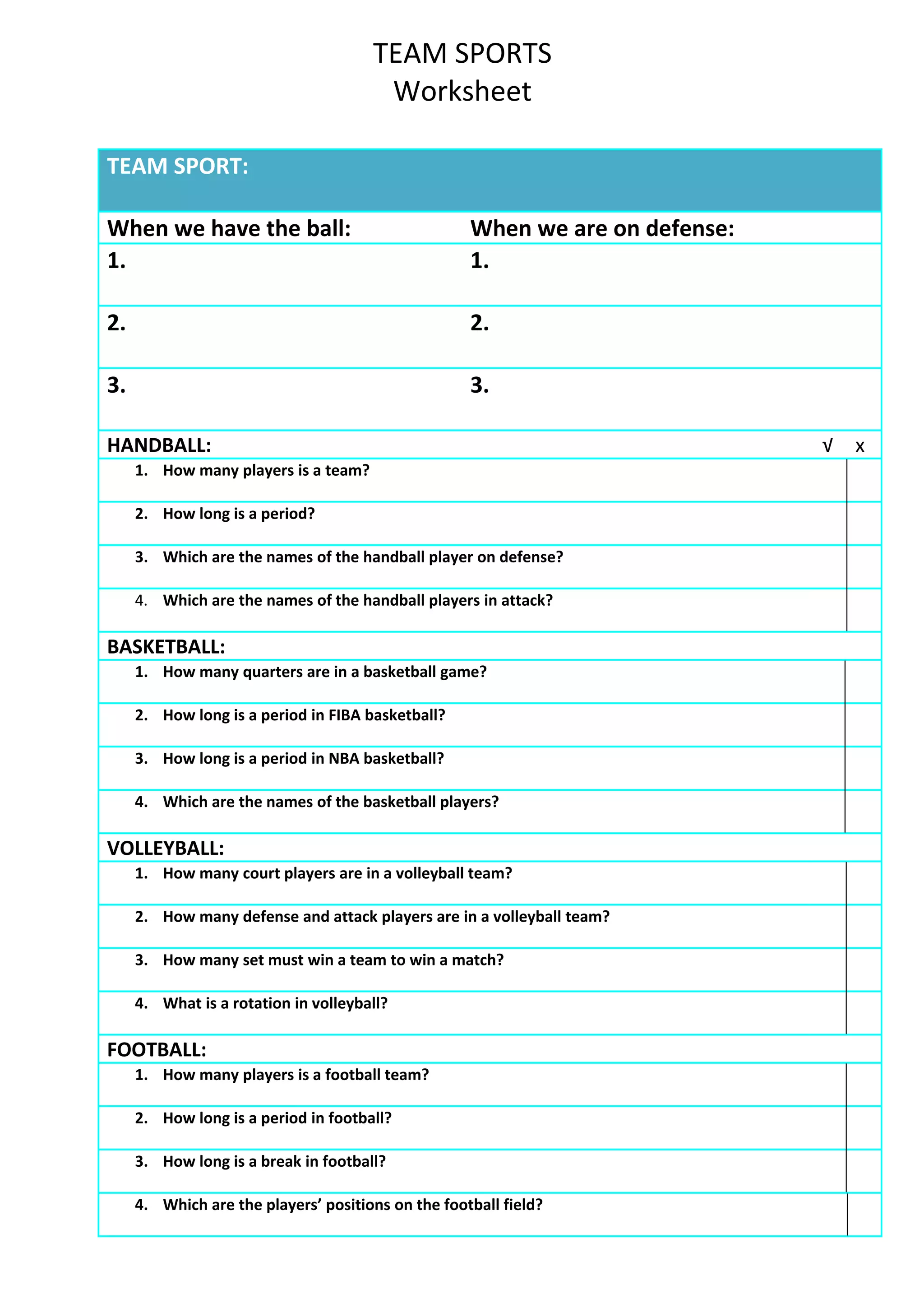 Worksheet "Team Sports" in theory class | DOC | Sports