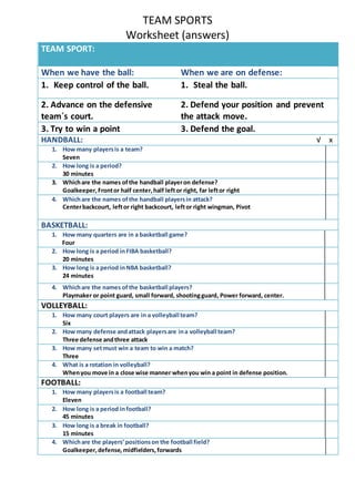 Team sport worksheet | DOCX