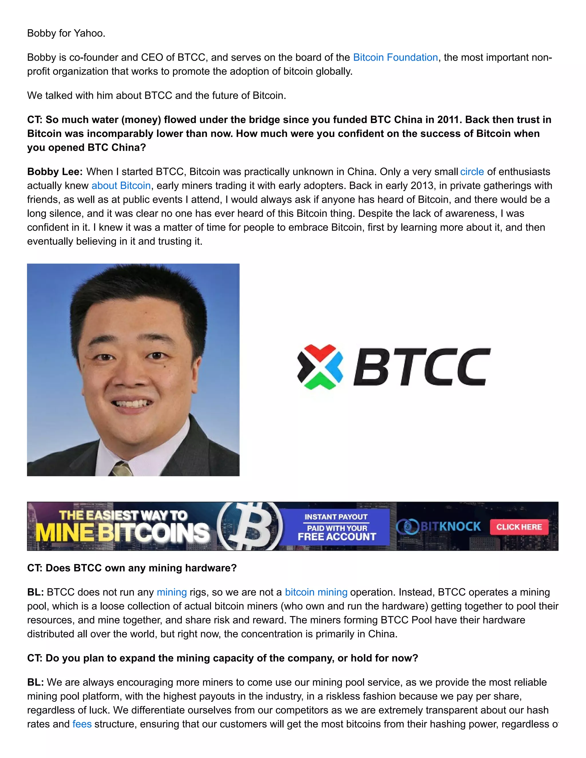 INTERVIEW WITH BOBBY LEE, FOUNDER OF THE OLDEST AND SECOND LARGEST CHINESE BITCOIN MINER: BTCC | PDF