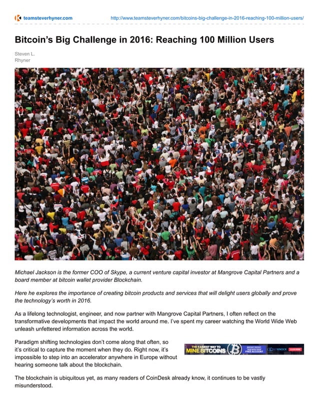 BITCOIN’S BIG CHALLENGE IN 2016: REACHING 100 MILLION USERS | PDF