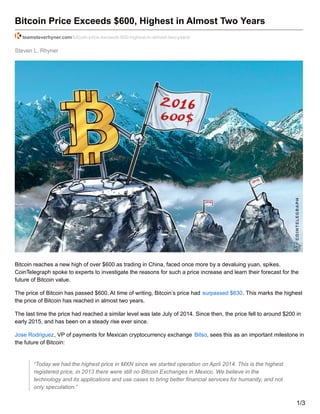 BITCOIN PRICE EXCEEDS $600, HIGHEST IN ALMOST TWO YEARS | PDF