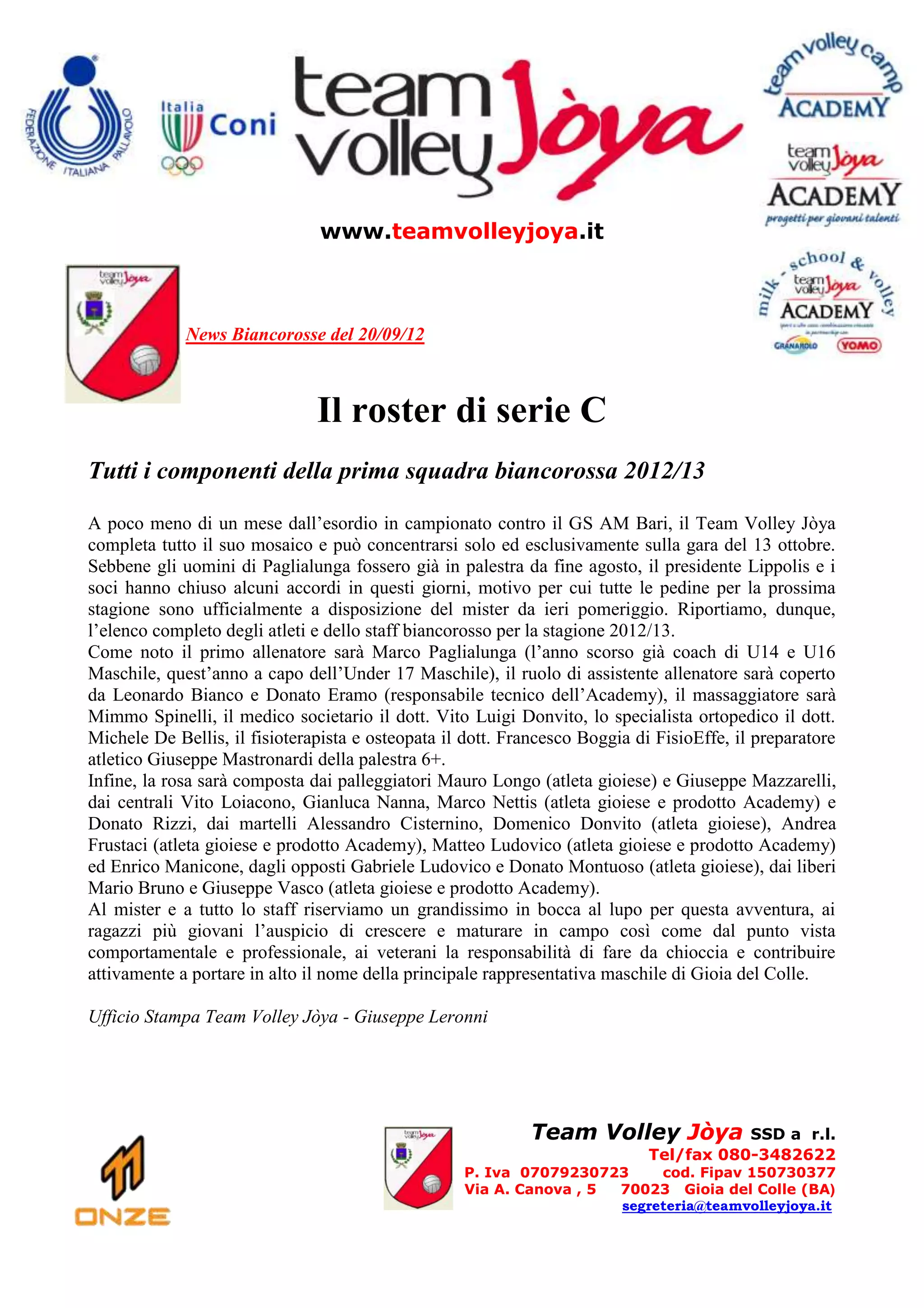 Team volley joya completato organico campionato serie c | PDF