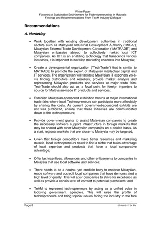 TeAM White Paper - Fostering Technopreneurship in Malaysia | PDF