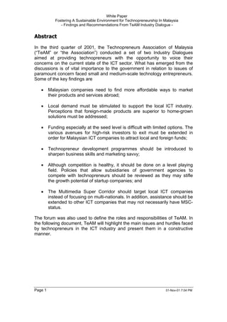 TeAM White Paper - Fostering Technopreneurship in Malaysia | PDF