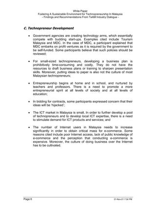 TeAM White Paper - Fostering Technopreneurship in Malaysia | PDF
