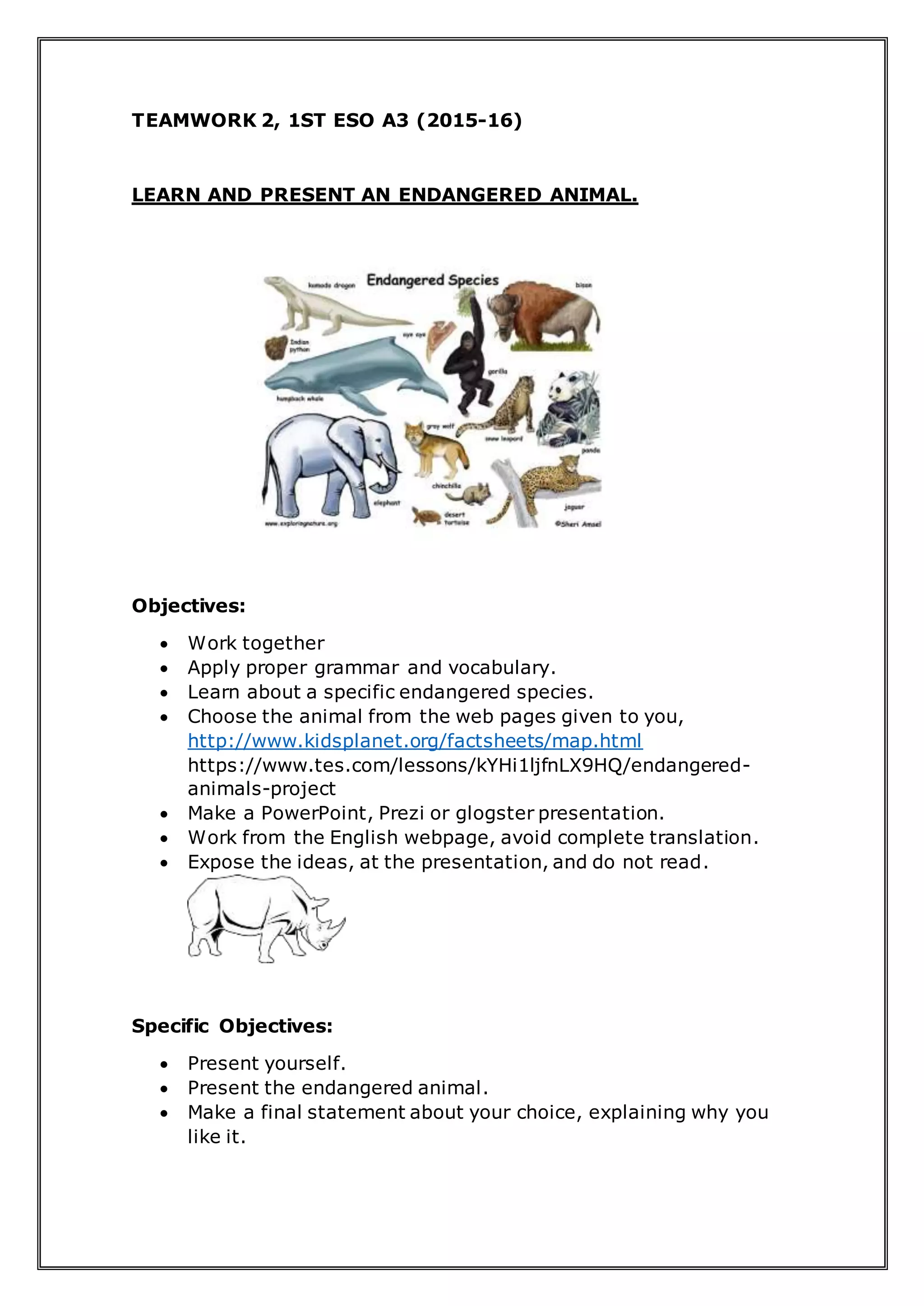 Teamwork 2, 15 16 endangered animals project. | DOCX