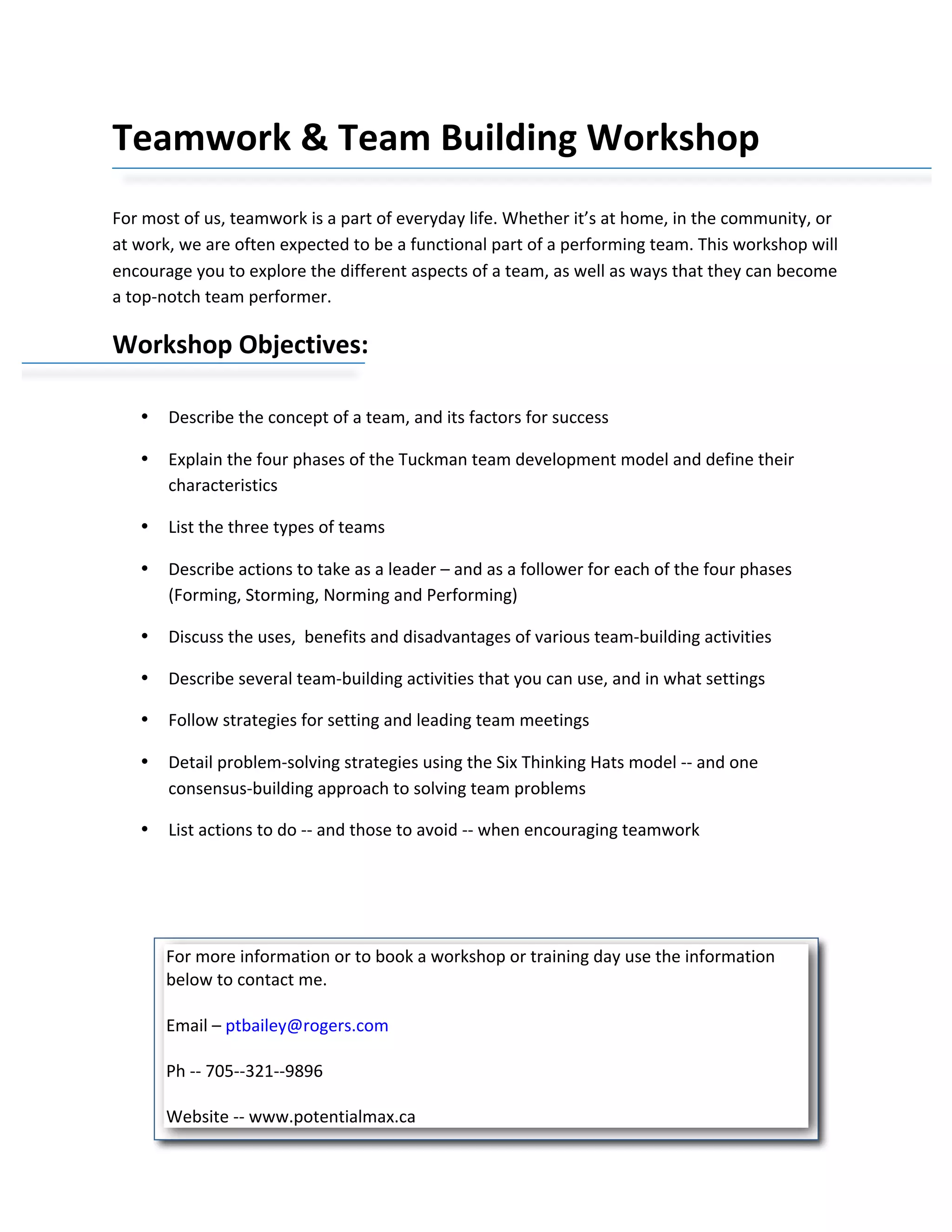 Teamwork and team building workshop | PDF