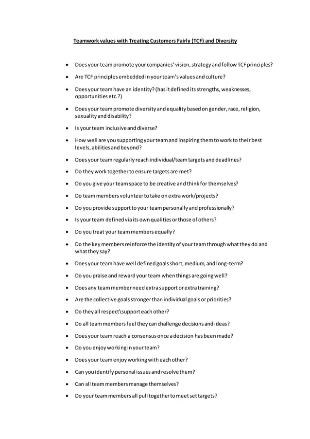 Teamwork values with Treating Customers Fairly (TCF) and Diversity ...