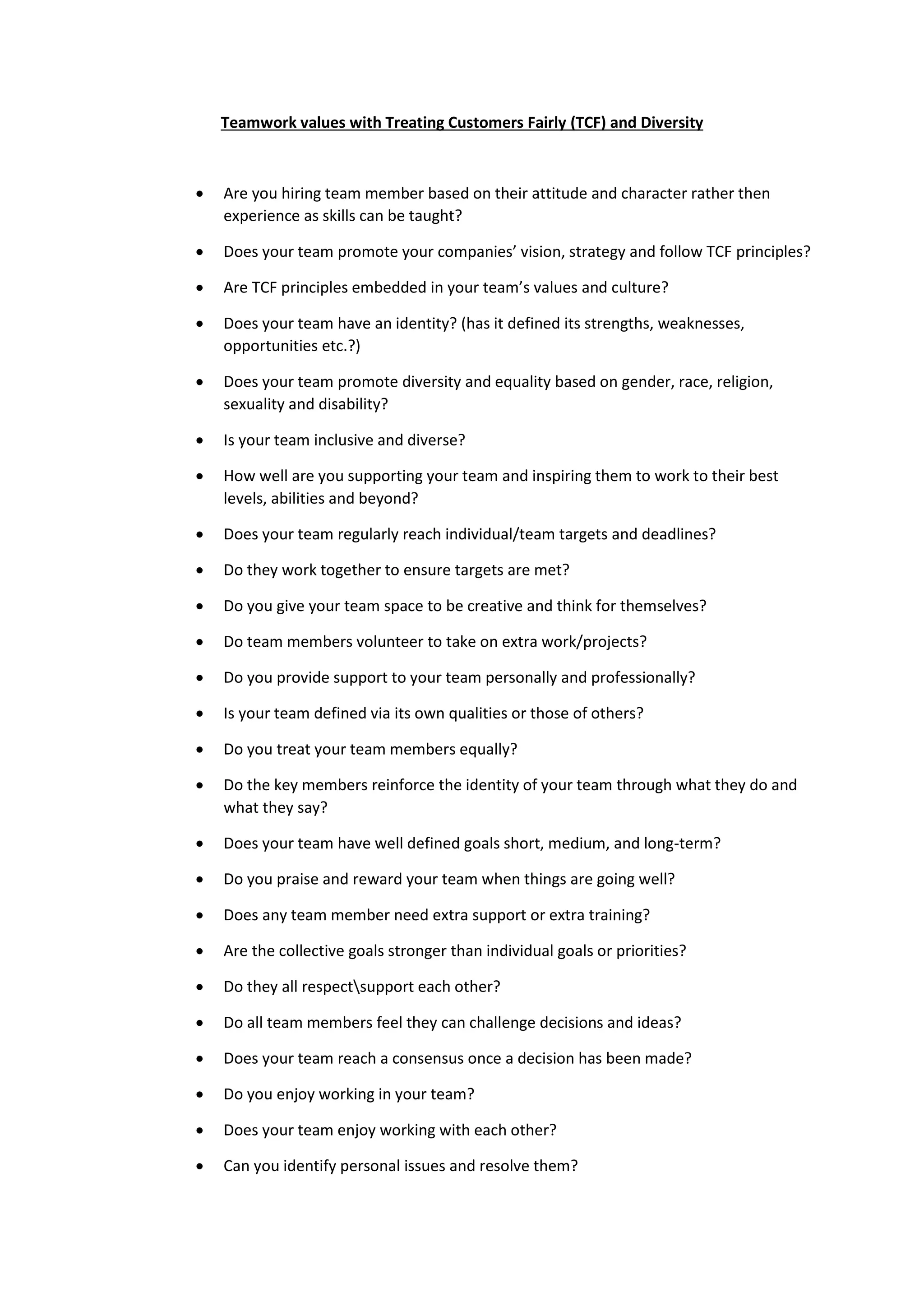 Teamwork values with TCF and diversity.docx