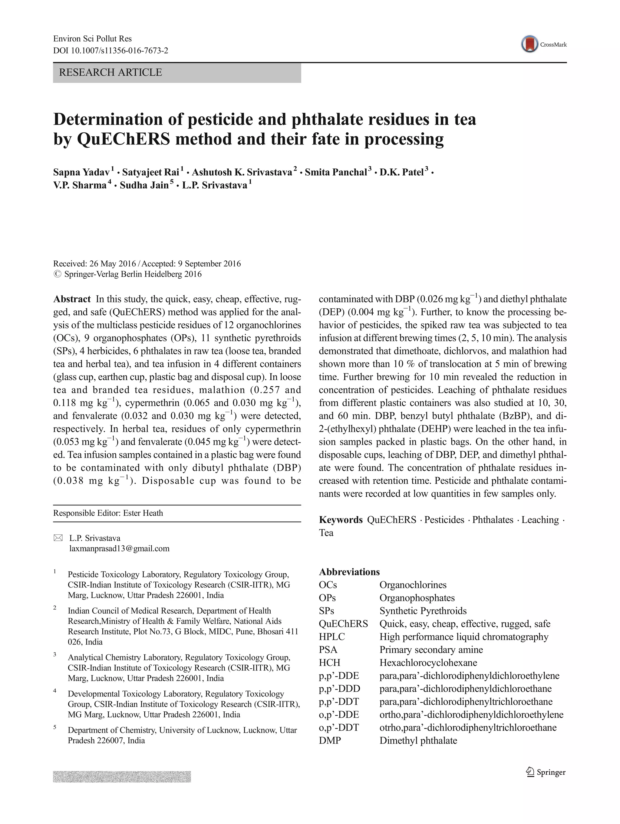 Determination of pesticide and phthalate residues in tea by QuEChERS method and their fate in ...