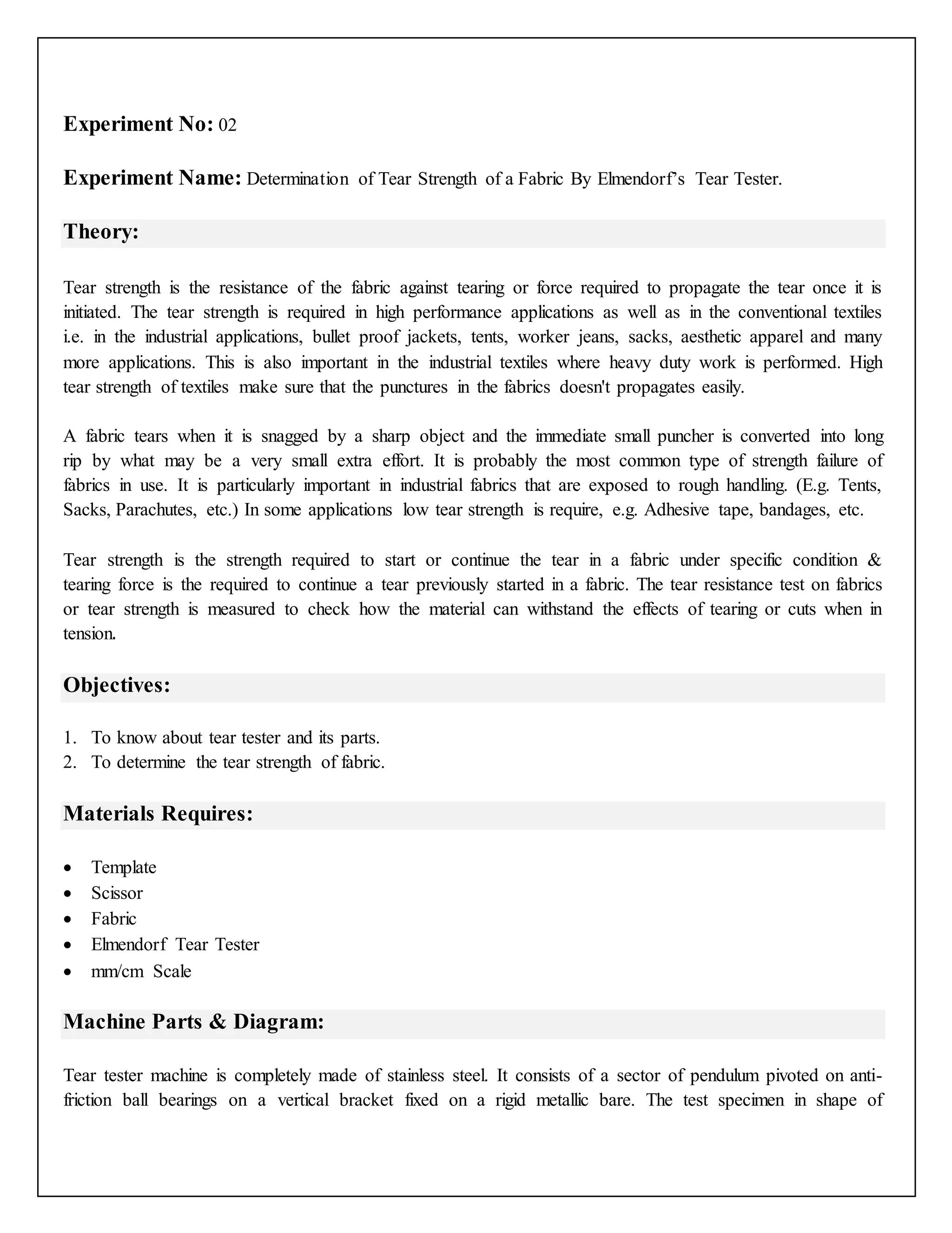 Tear strength testing by Elmendorf's tear tester | DOCX