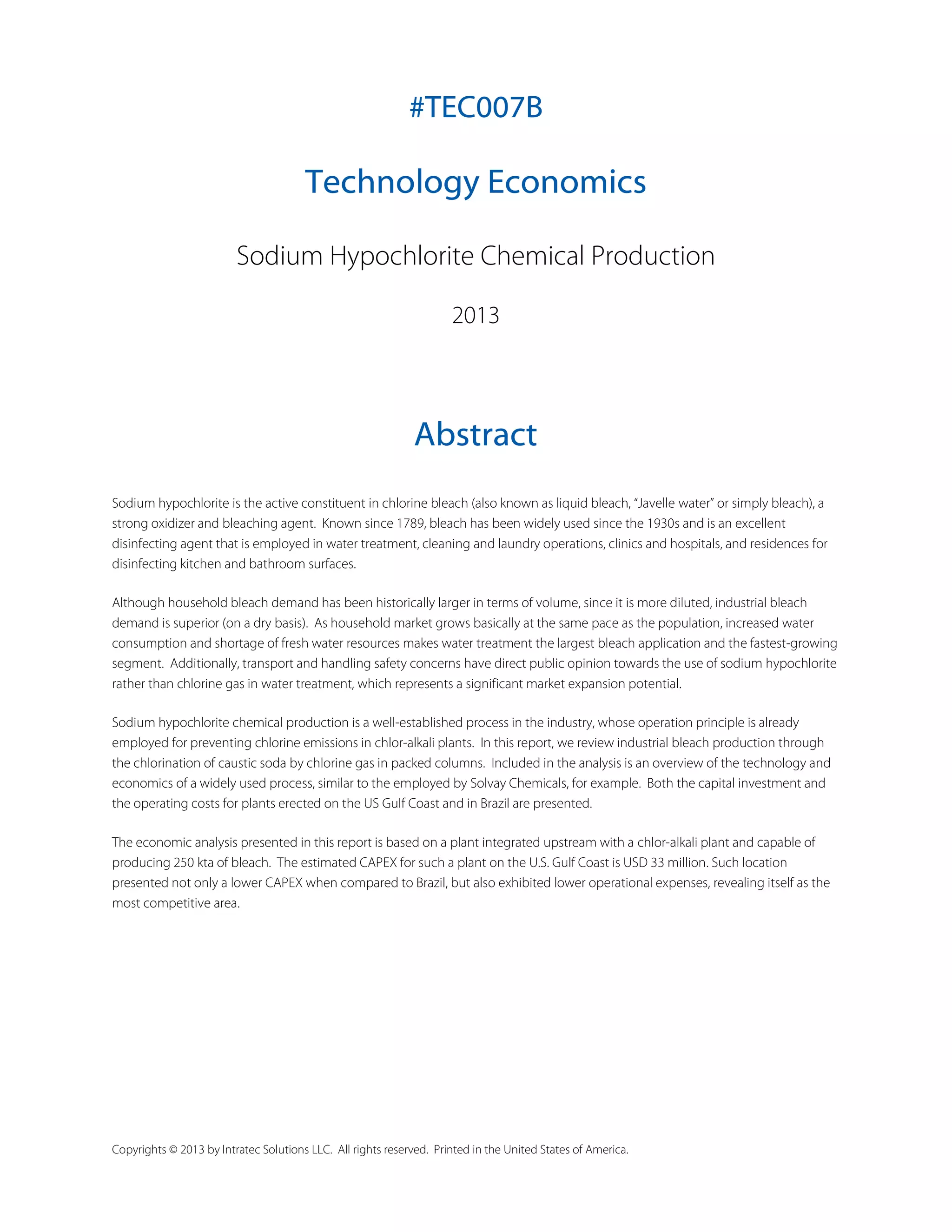 Technology Economics: Sodium Hypochlorite Chemical Production | PDF