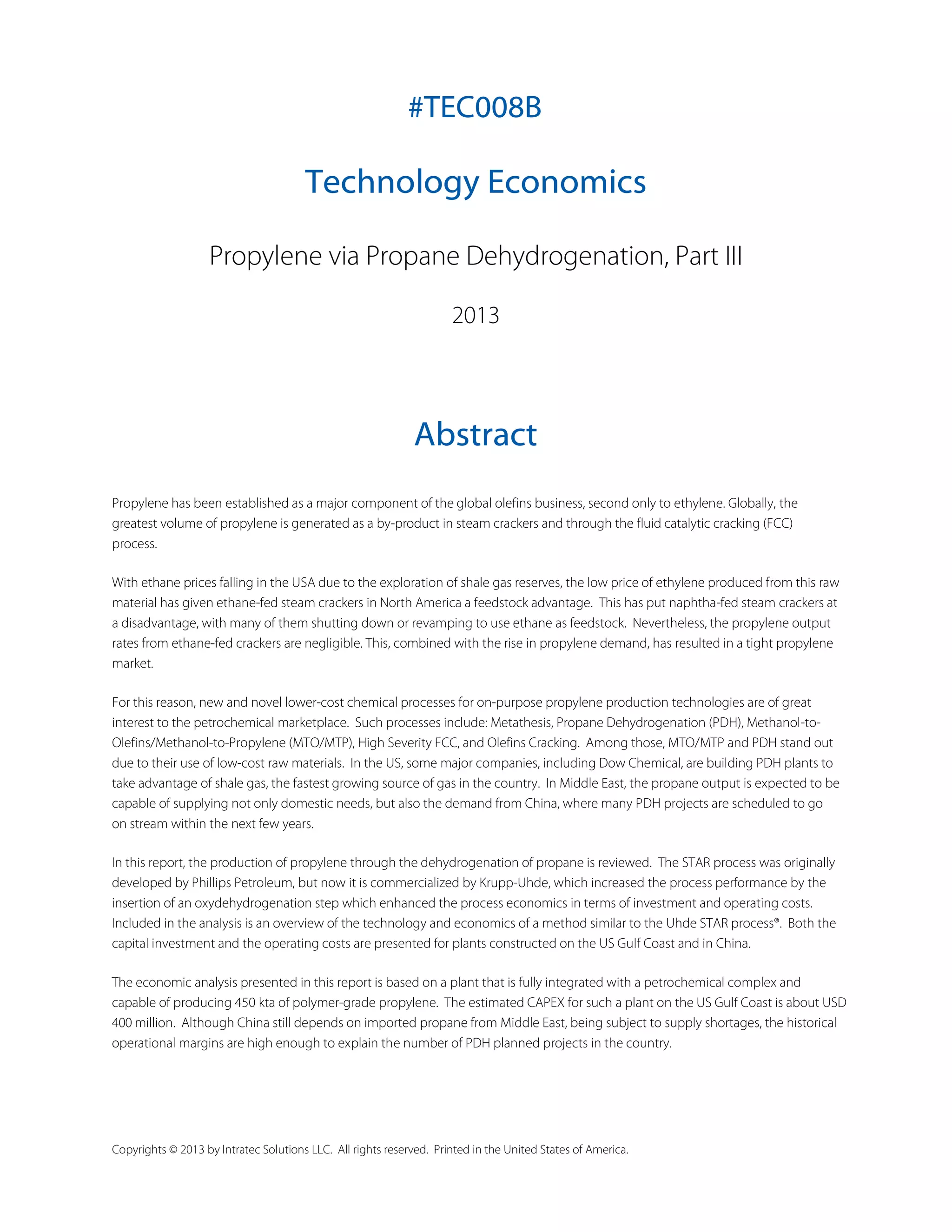 Technology Economics: Propylene via Propane Dehydrogenation, Part 3 | PDF