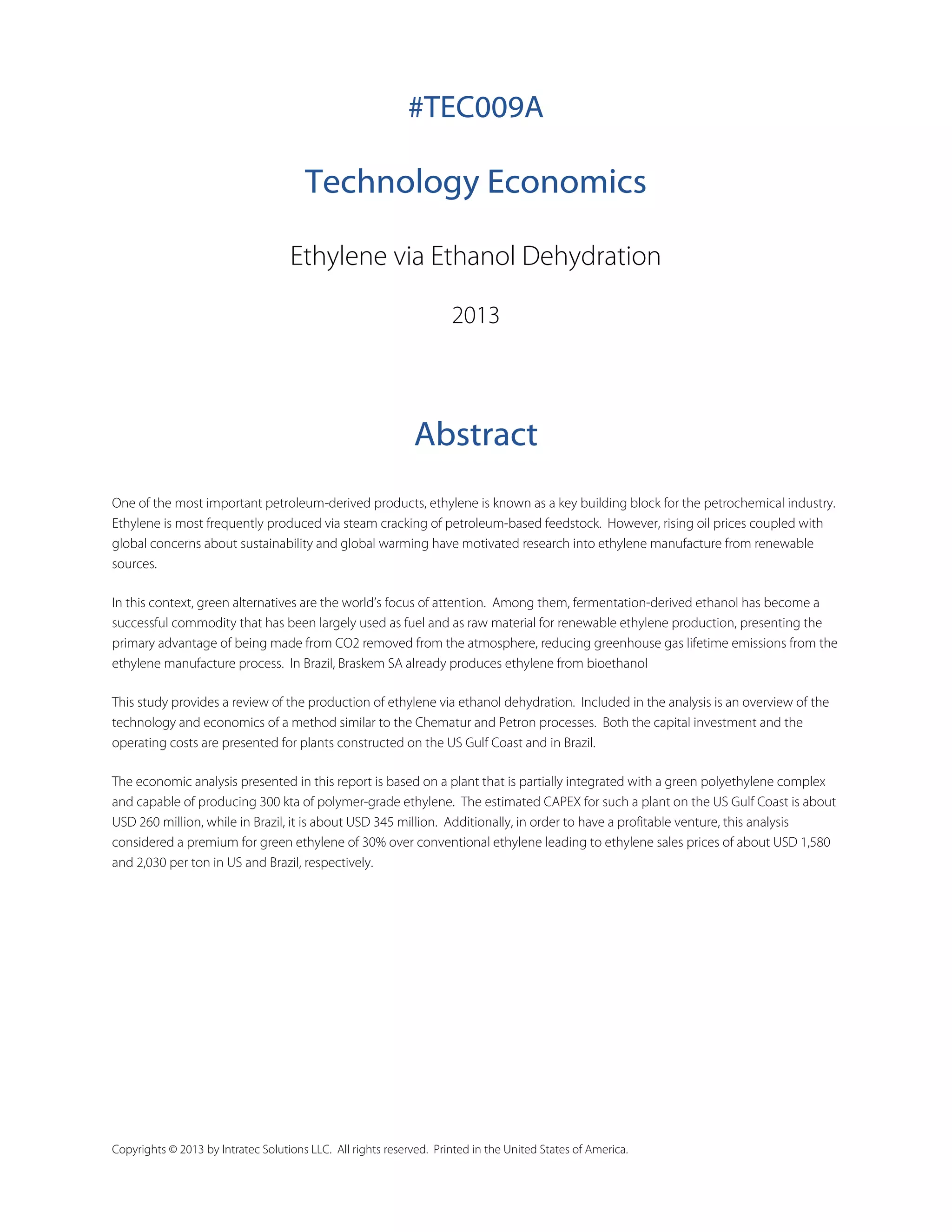 Technology Economics: Ethylene via Ethanol Dehydration | PDF