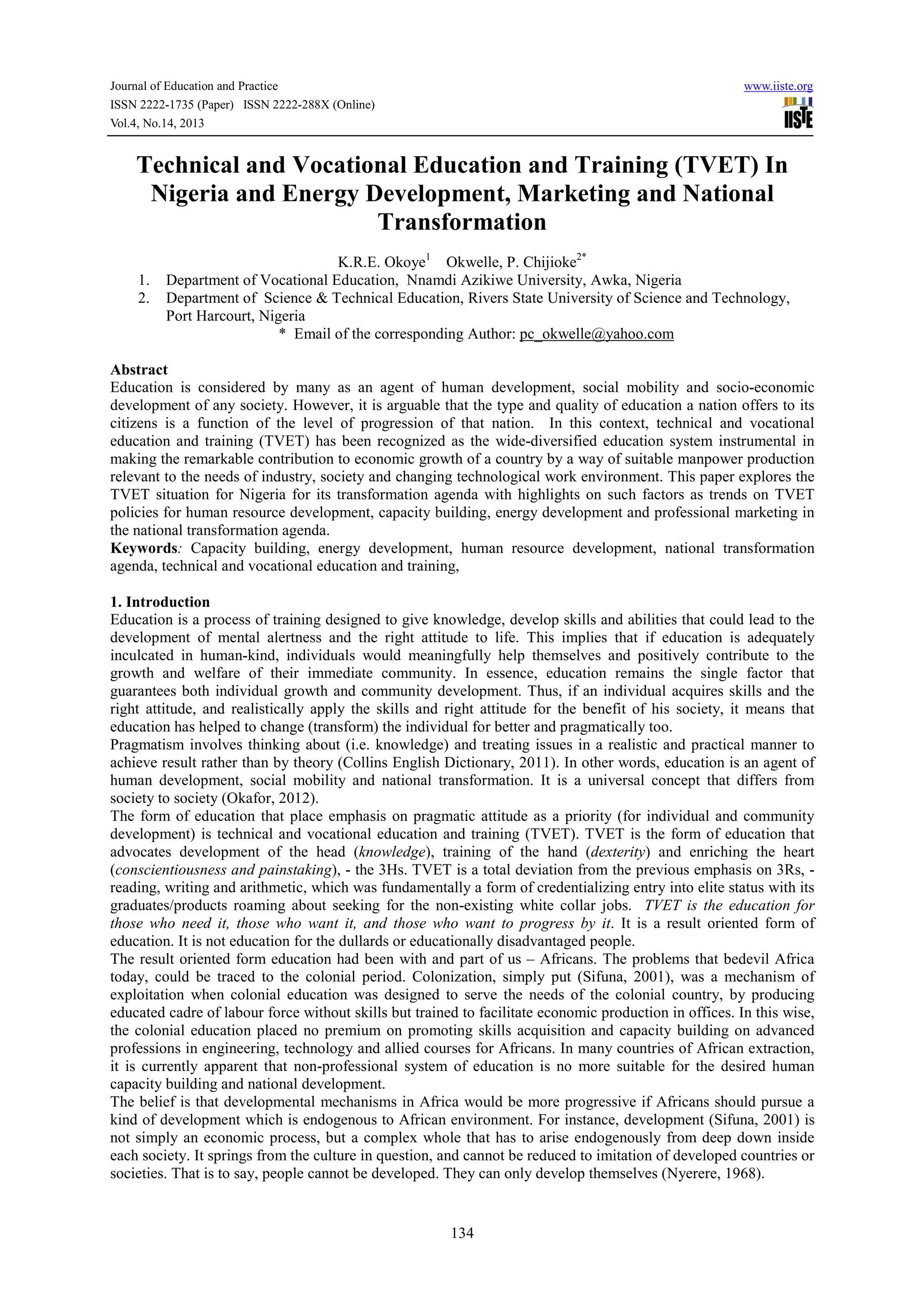 Technical and vocational education and training (tvet) in nigeria and ...