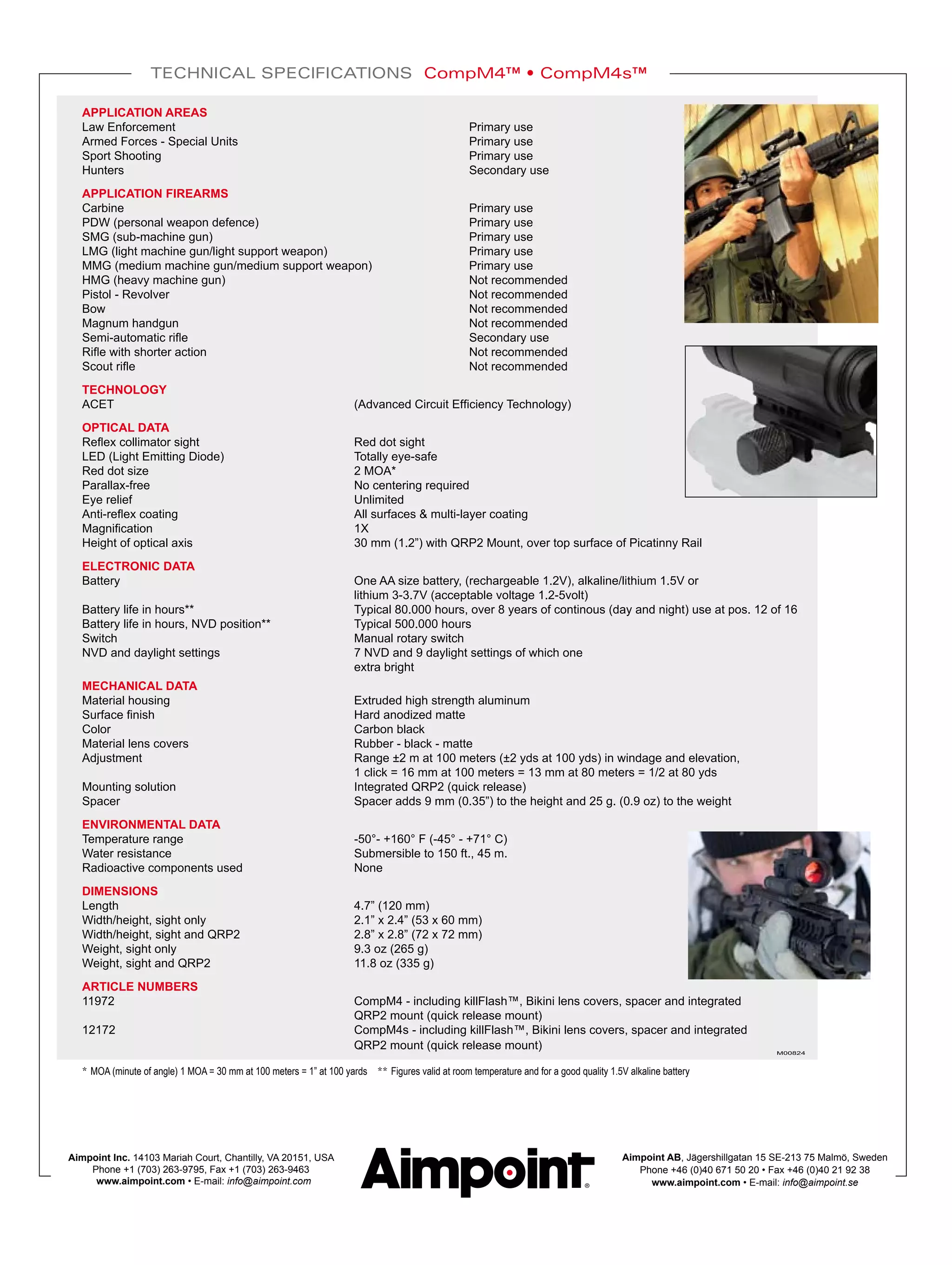 Technical data AIMPOINT CompM4, CompM4s | Optics Trade | PDF