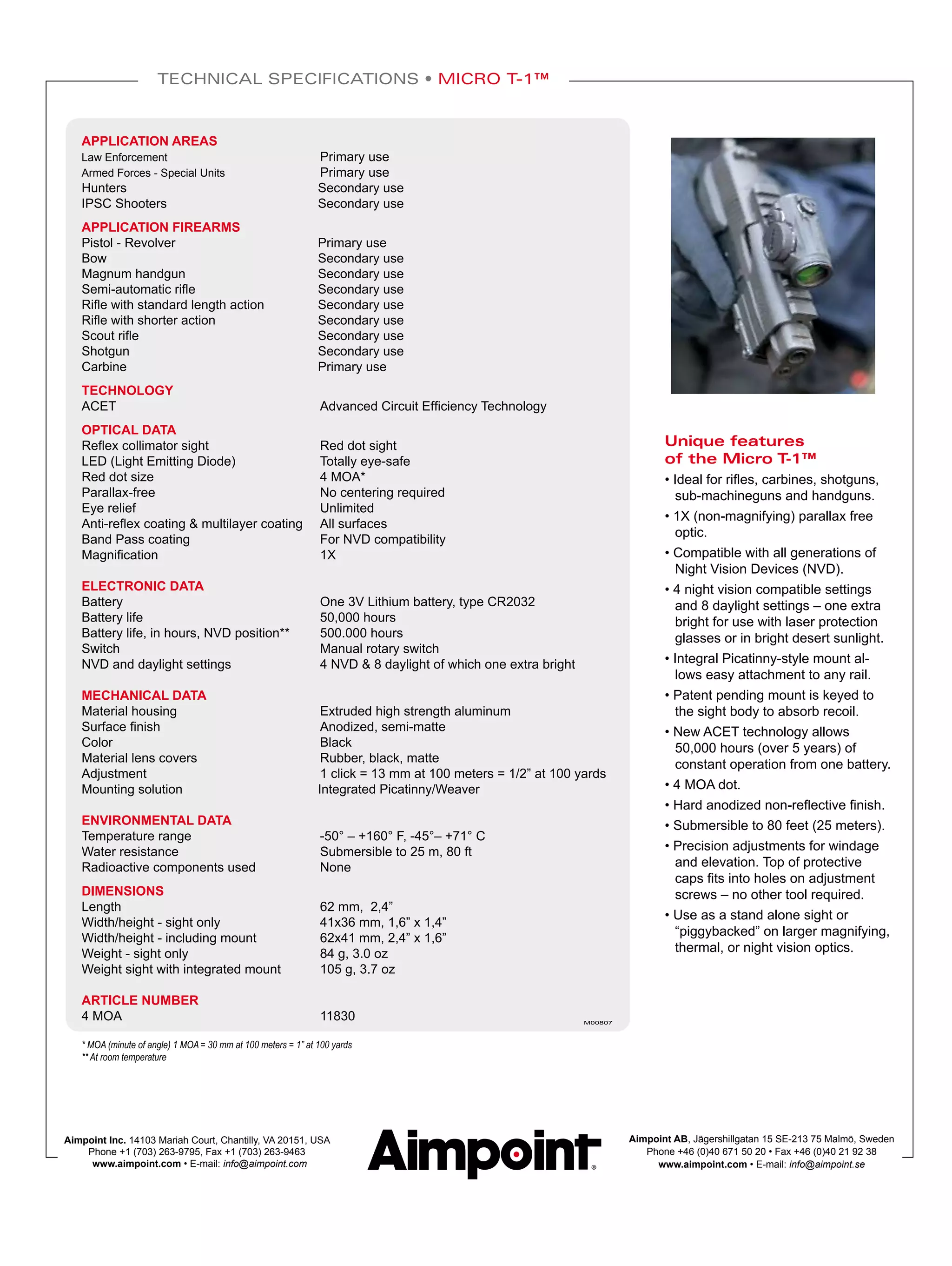 Technical data AIMPOINT Micro T-1 | Optics Trade | PDF